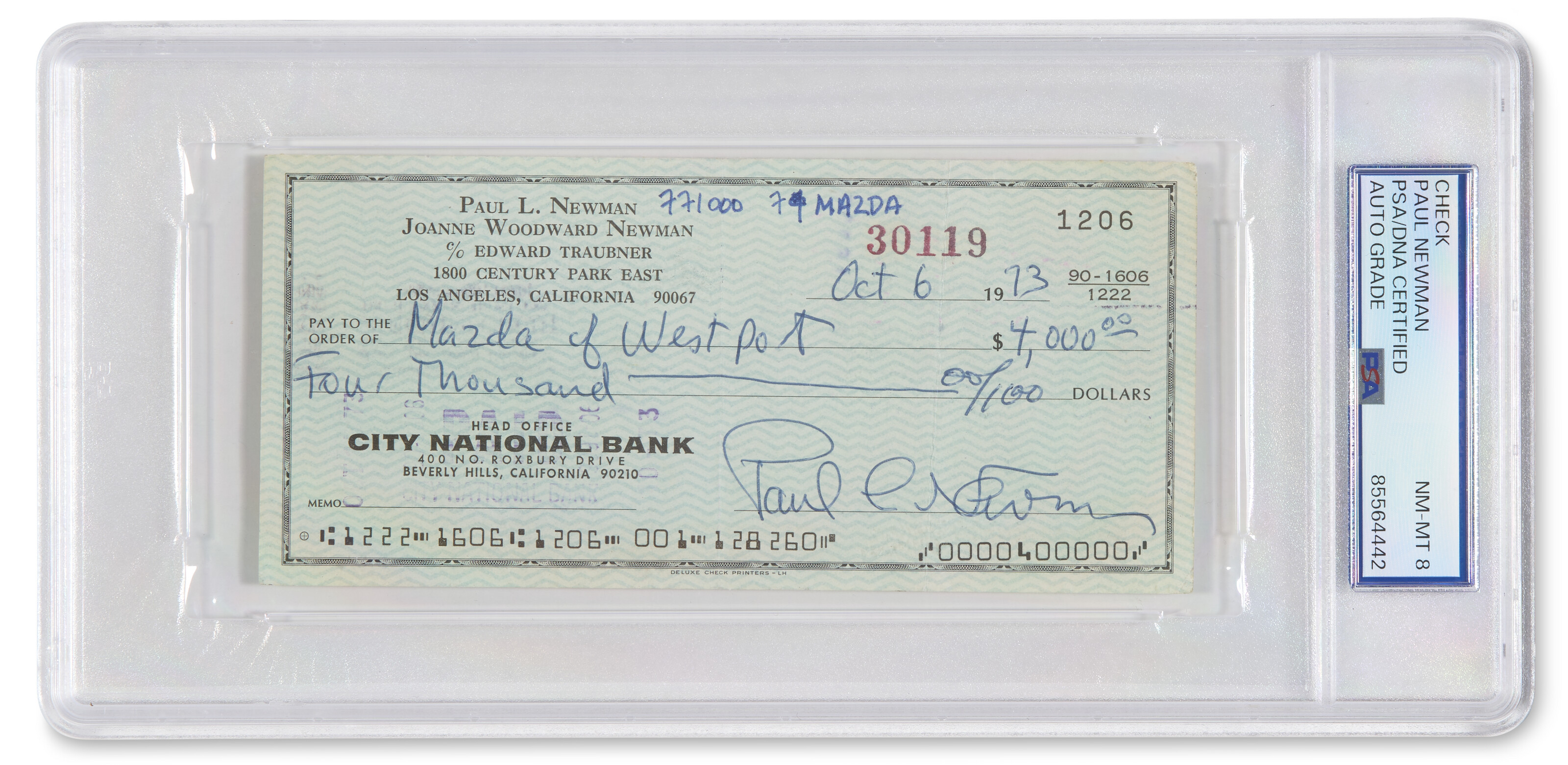 PAUL NEWMAN SIGNED CHECK (PSA/DNA NM-MT 8), 6 OCTOBER 1973 | Christie’s