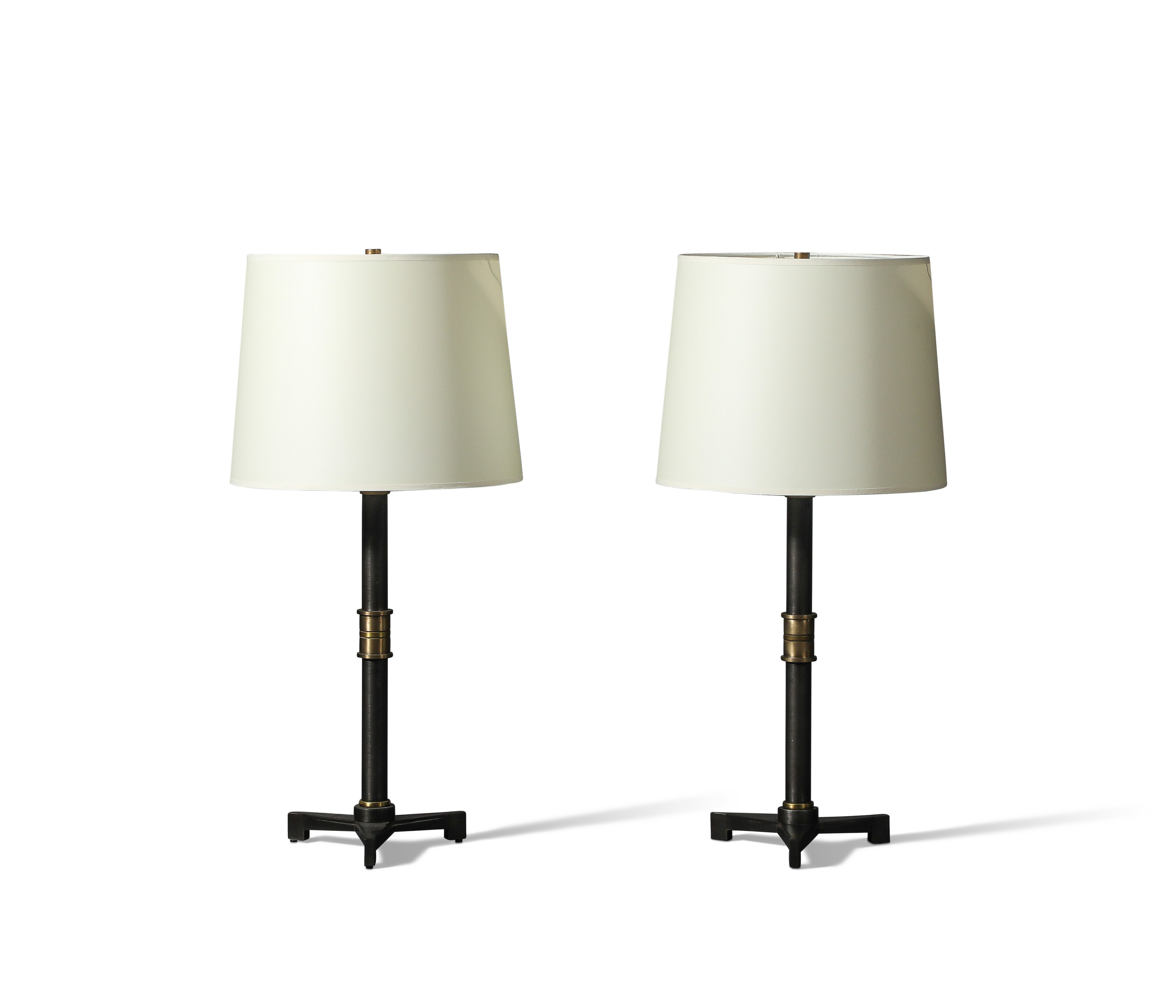 A PAIR OF BRASS, BRONZE AND STEEL TABLE LAMPS, BY JOHN MCDEVITT, MODERN ...