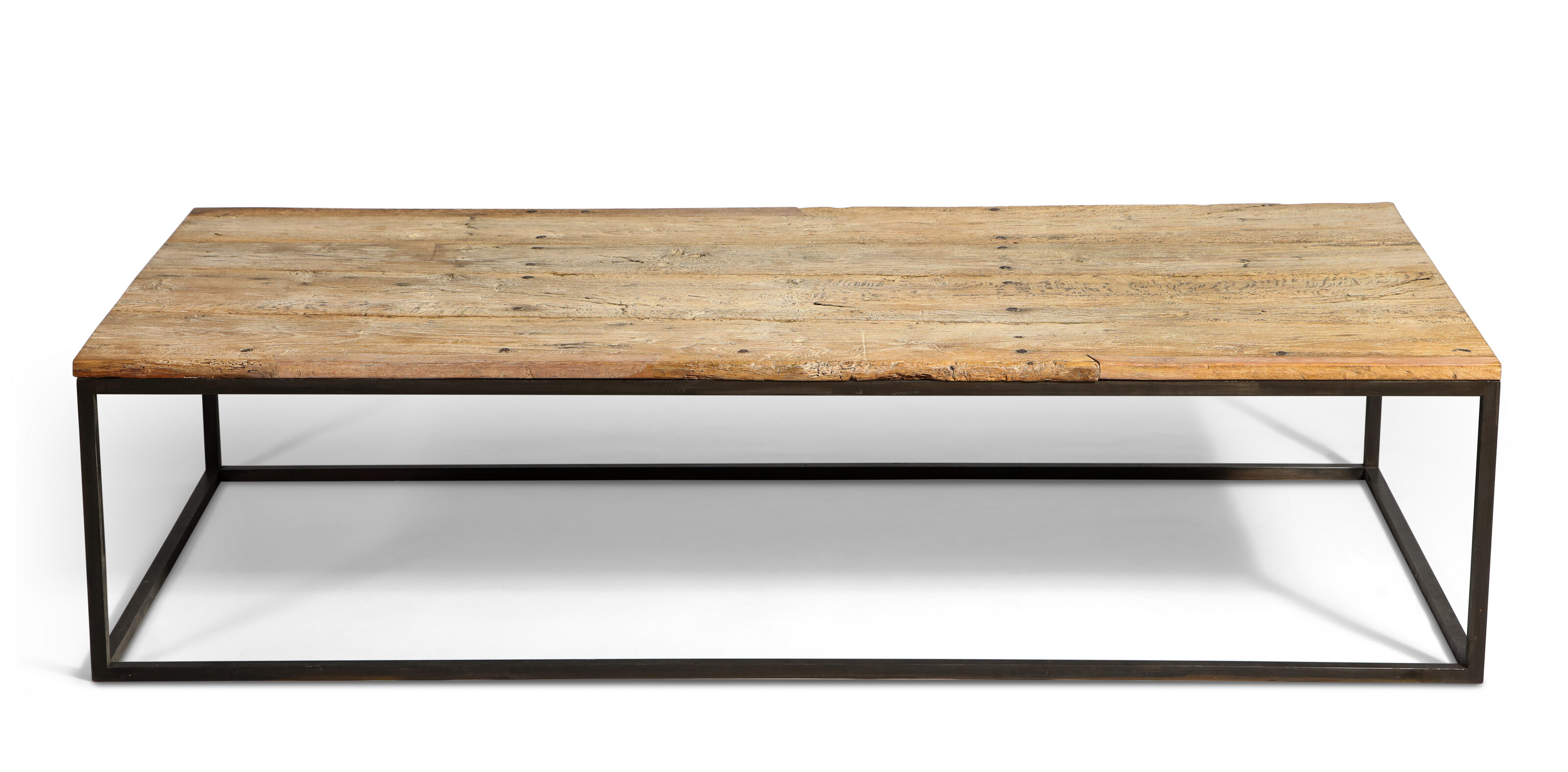 AN OAK AND BLACKENED STEEL RECTANGULAR LOW TABLE, THE OAK TOP PROBABLY ...