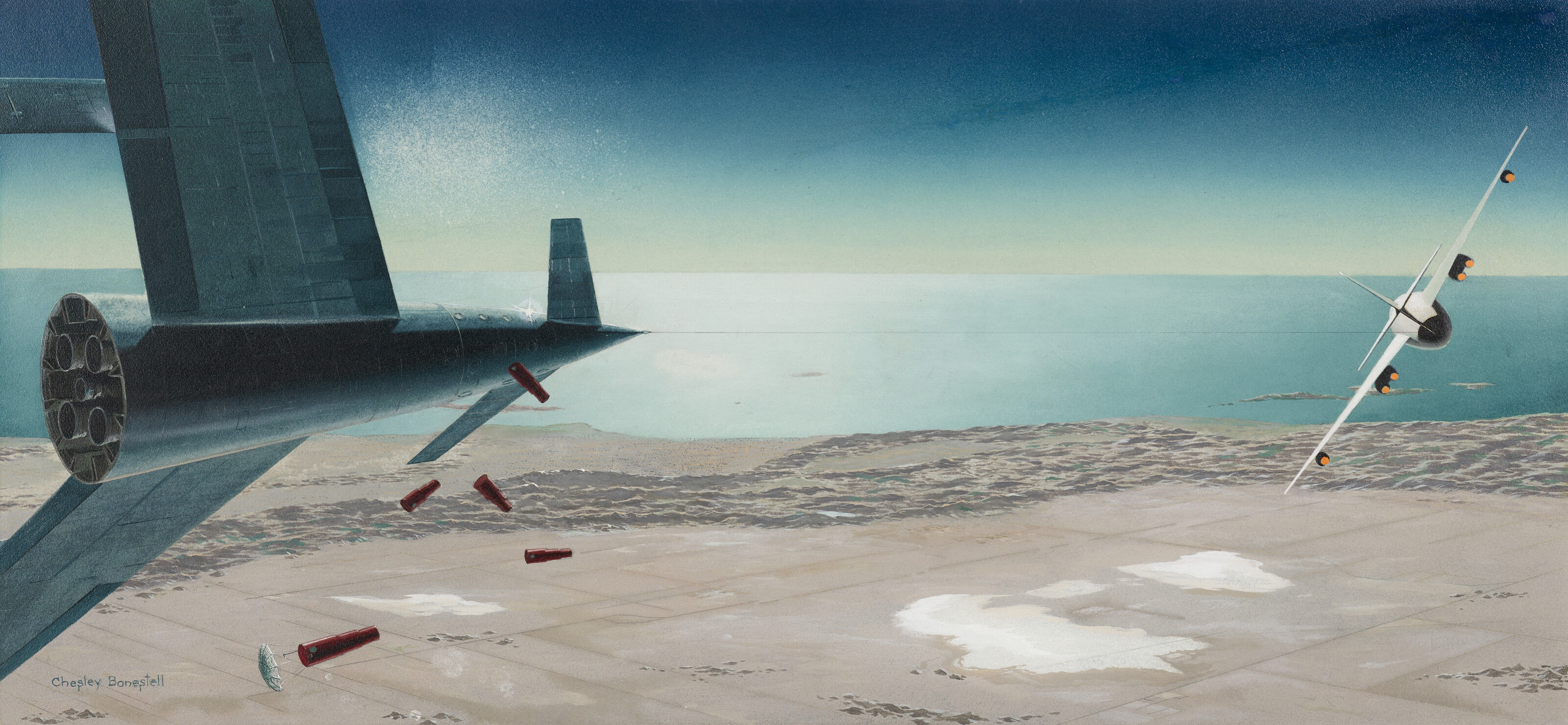 CHESLEY BONESTELL (1888-1986), LAUNCH VEHICLE'S WINGED THIRD STATE AND ...