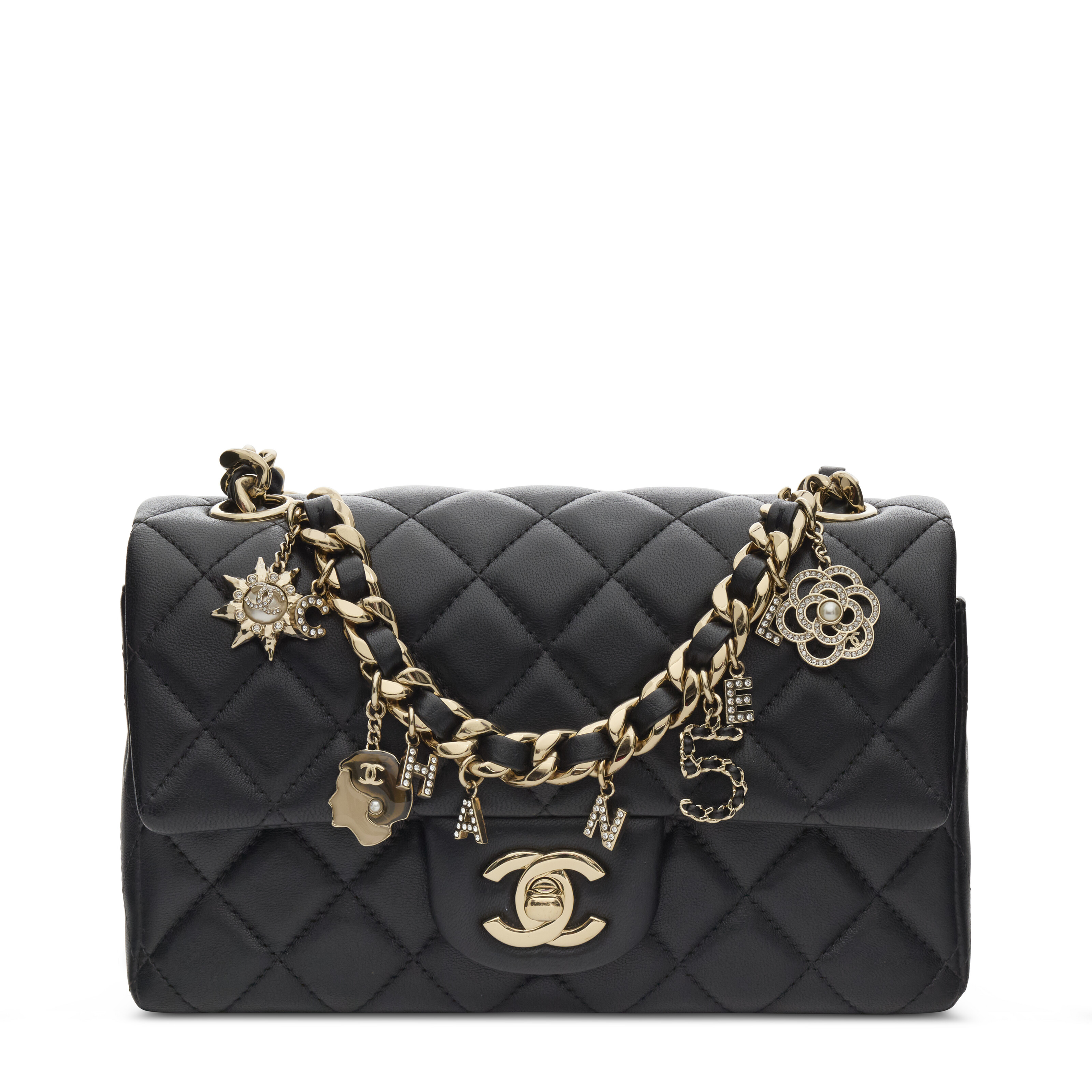 A BLACK QUILTED LAMBSKIN LEATHER COCO CHARMS MINI SINGLE FLAP BAG WITH ...