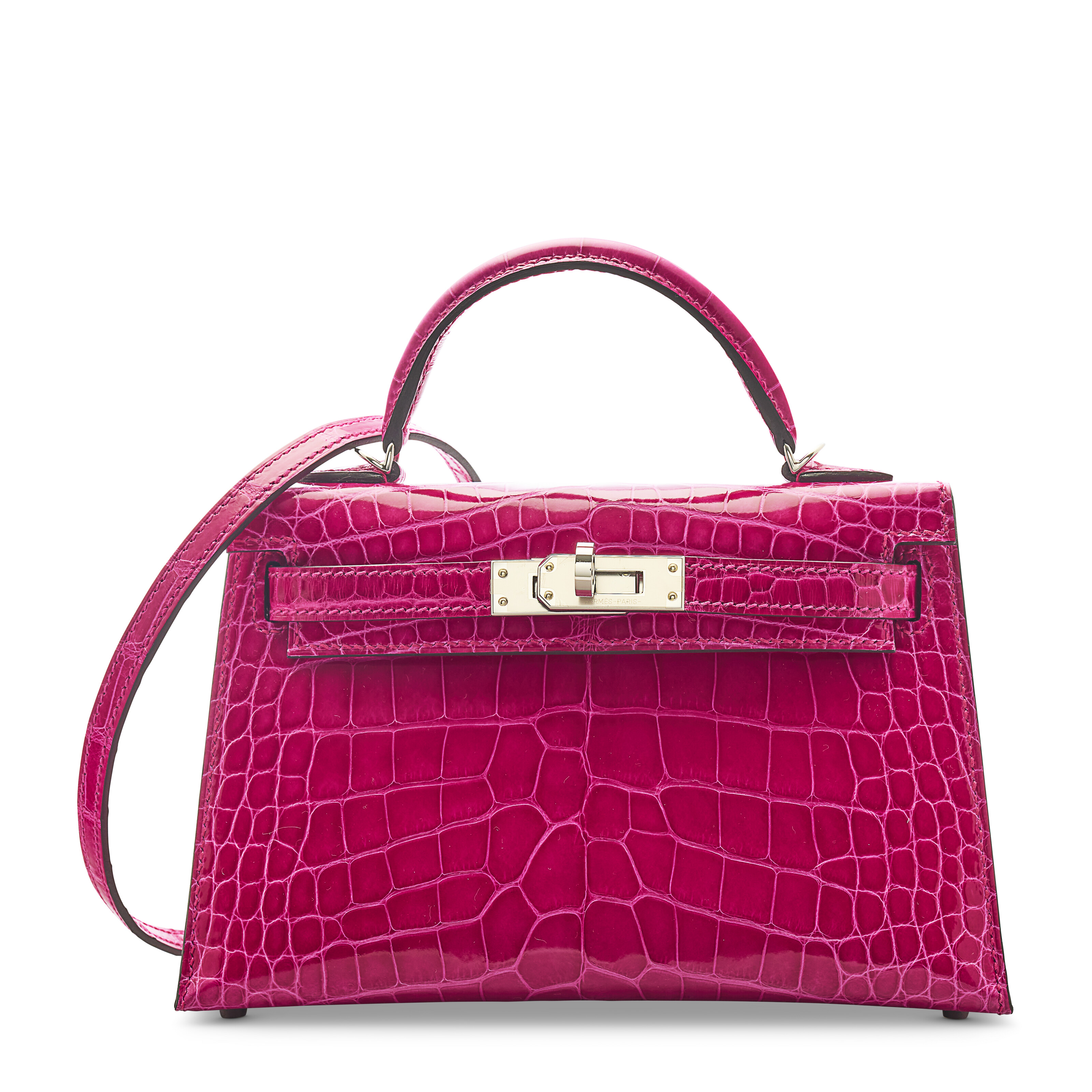 A CUSTOM SHINY ROSE MEXICO & GRIS PERLE ALLIGATOR MINI KELLY 20 II WITH ...