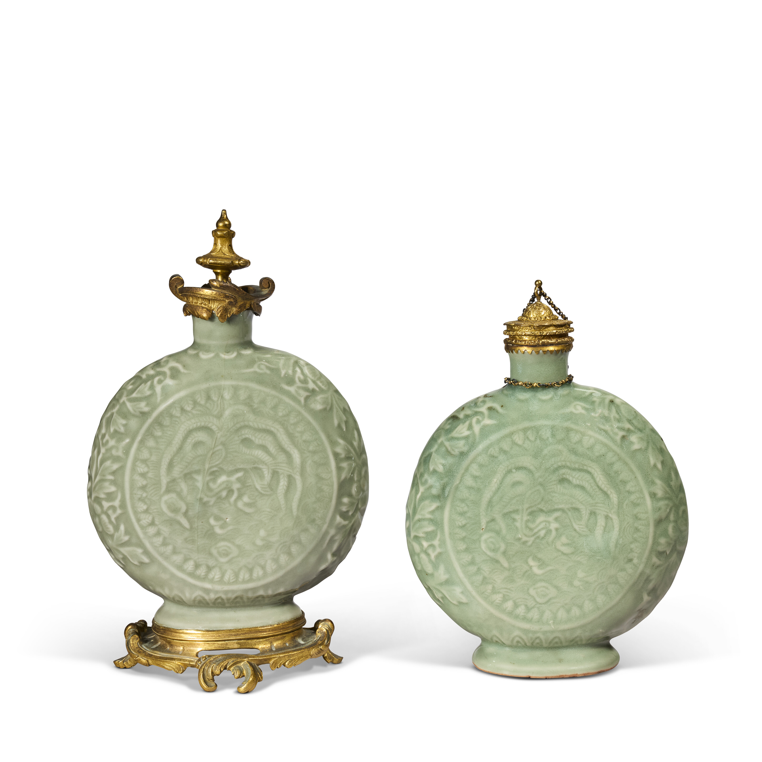 TWO ORMOLU-MOUNTED MOULDED CELADON-GLAZED MOON FLASKS, CHINA, LATE QING ...