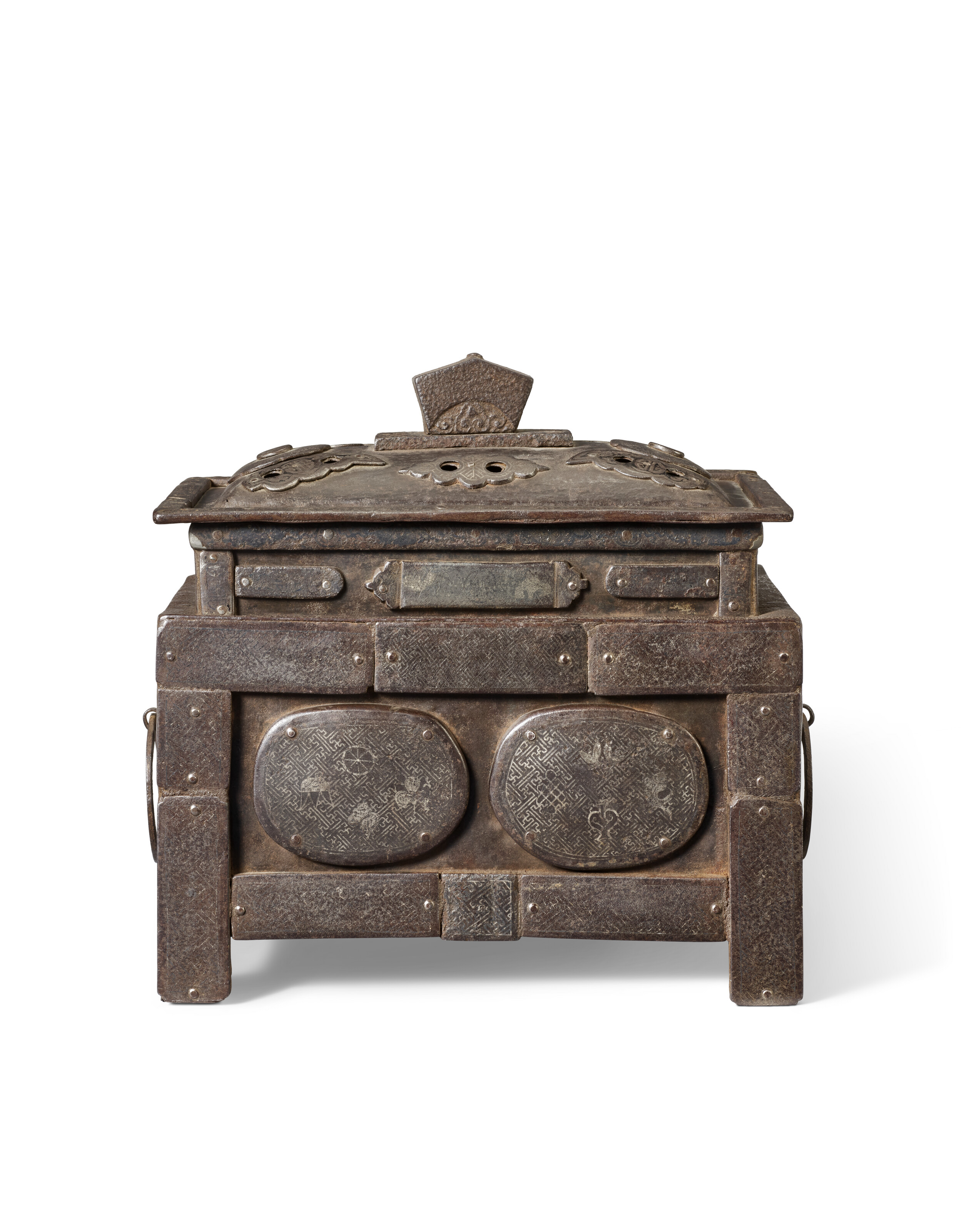 AN UNUSUAL GOLD AND SILVER-INLAID IRON CASKET AND COVER, CHINA, MING ...