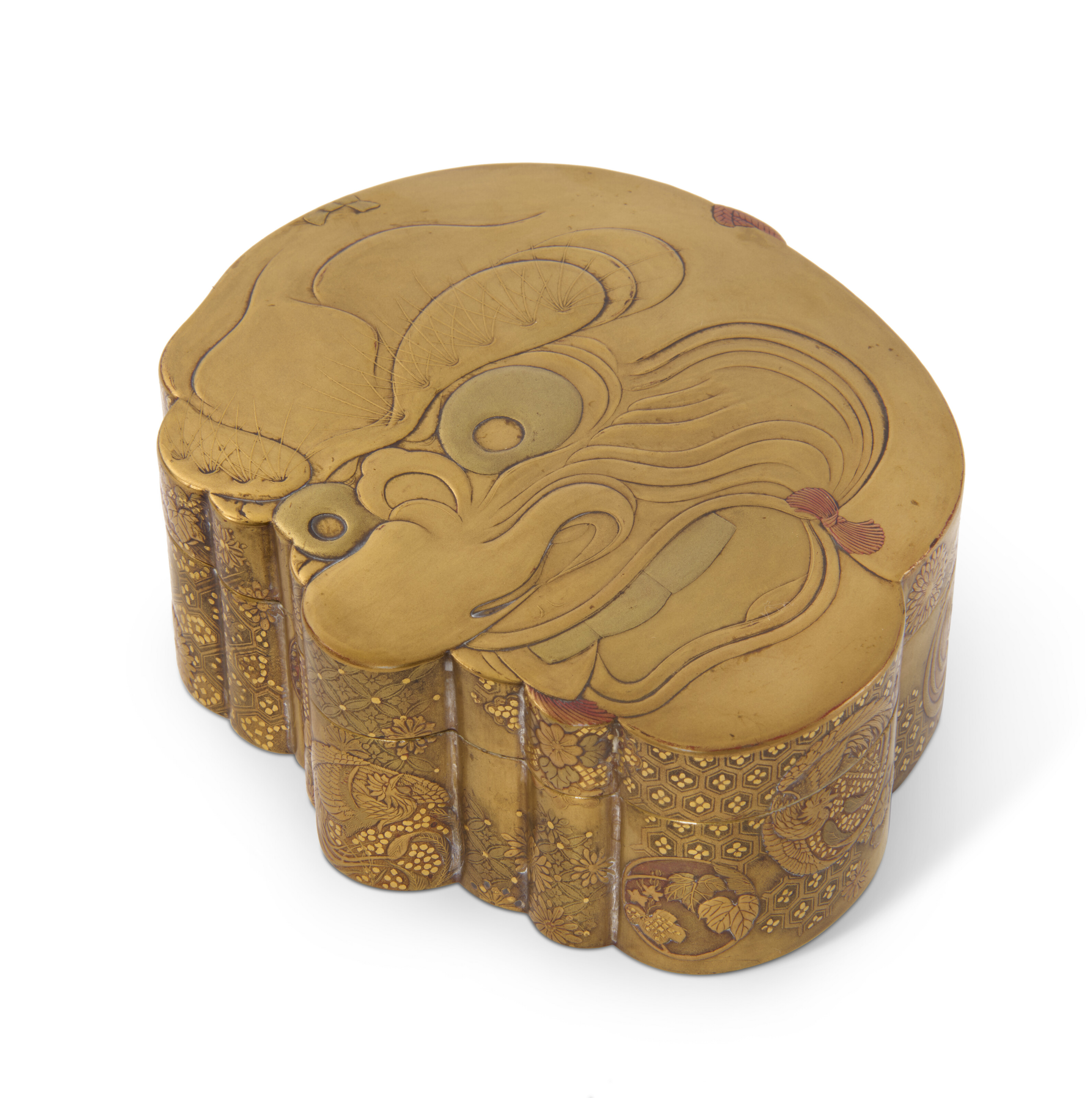 A LACQUER MASK-FORM BOX AND COVER, JAPAN, MEIJI PERIOD (1868-1912 ...
