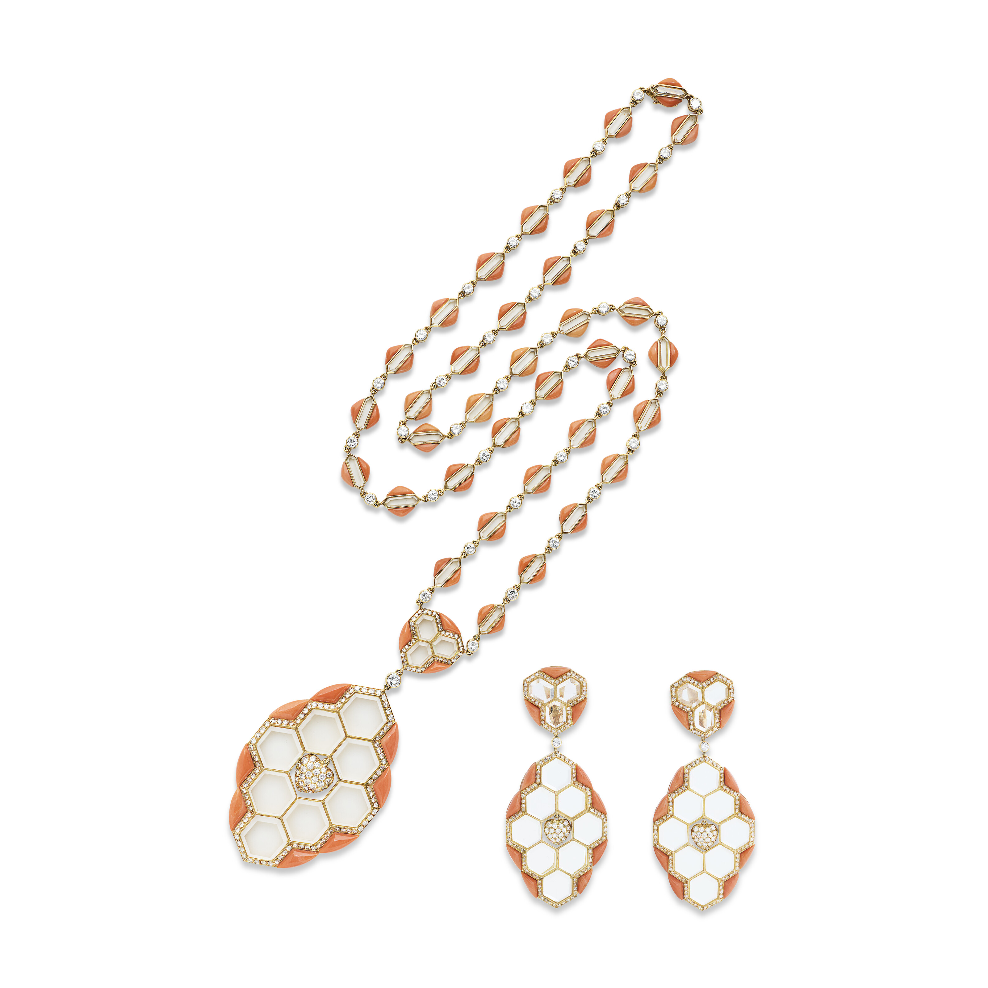 RARE CARTIER DEMI-PARURE CRISTAL DE ROCHE, CORAIL ET DIAMANTS, | Christie’s