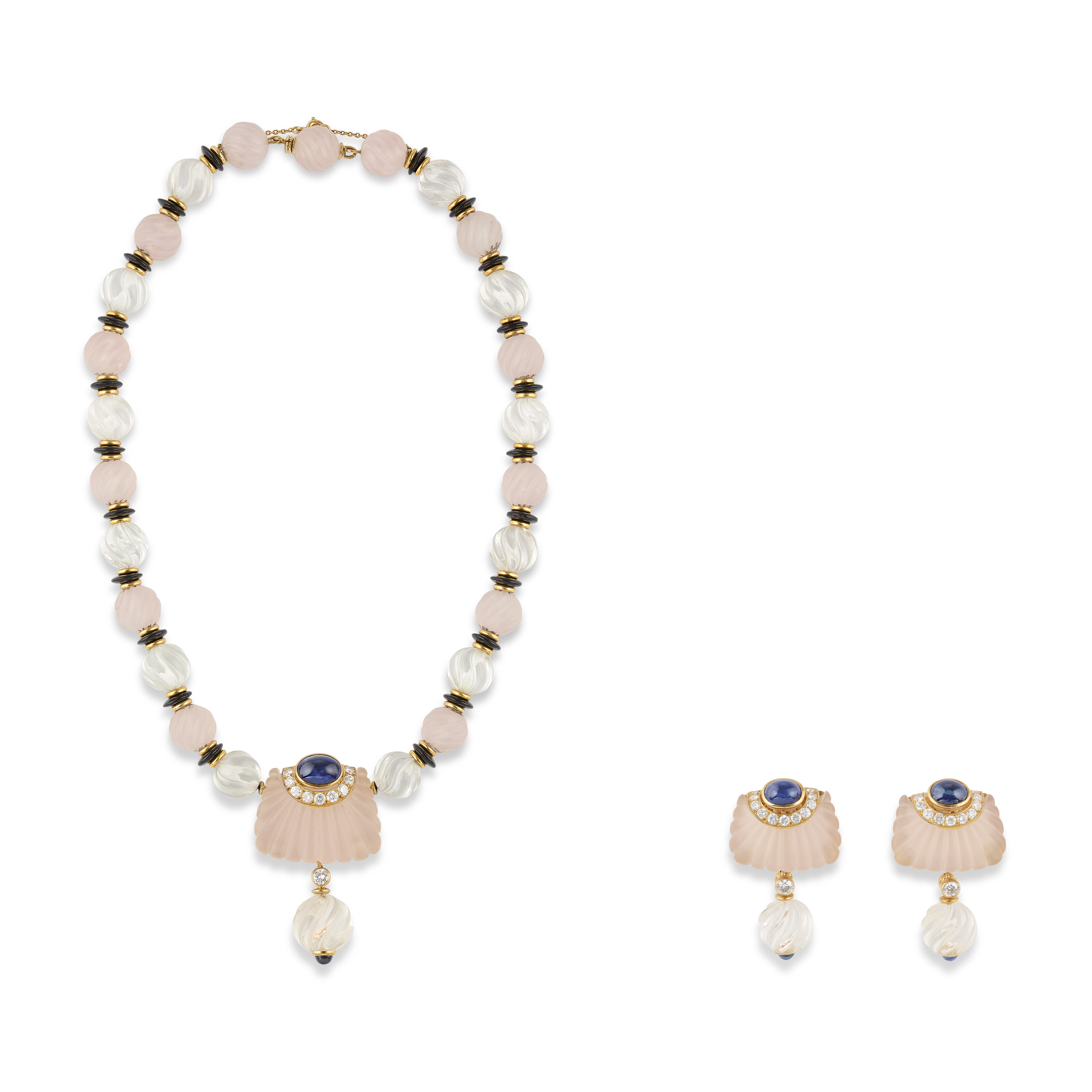 BOUCHERON DEMI-PARURE CRISTAL DE ROCHE, QUARTZ ROSE, SAPHIRS ET ...