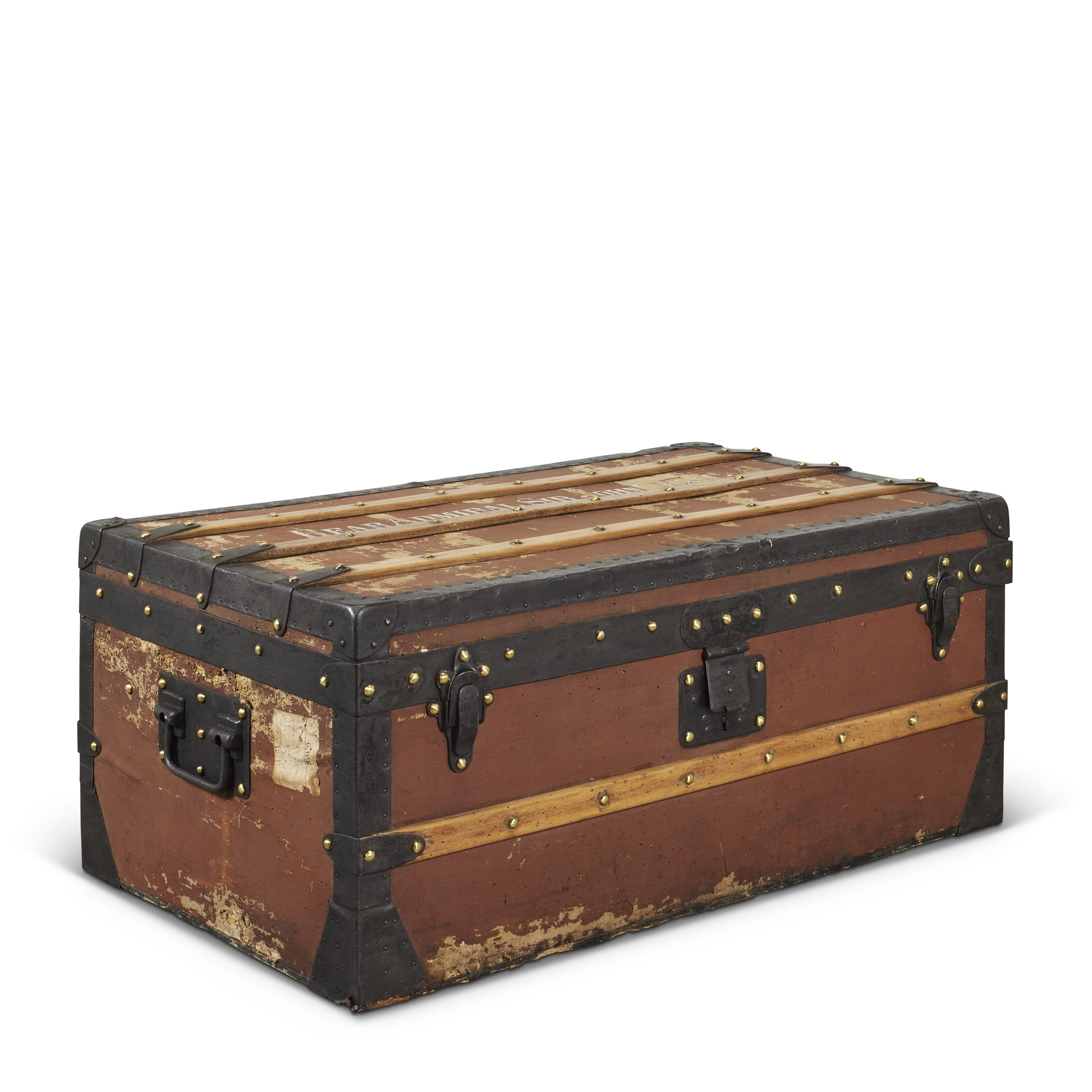 A BROWN VUITTONITE CANVAS CABIN 75 TRUNK WITH BLACK LACQUERED IRON ...