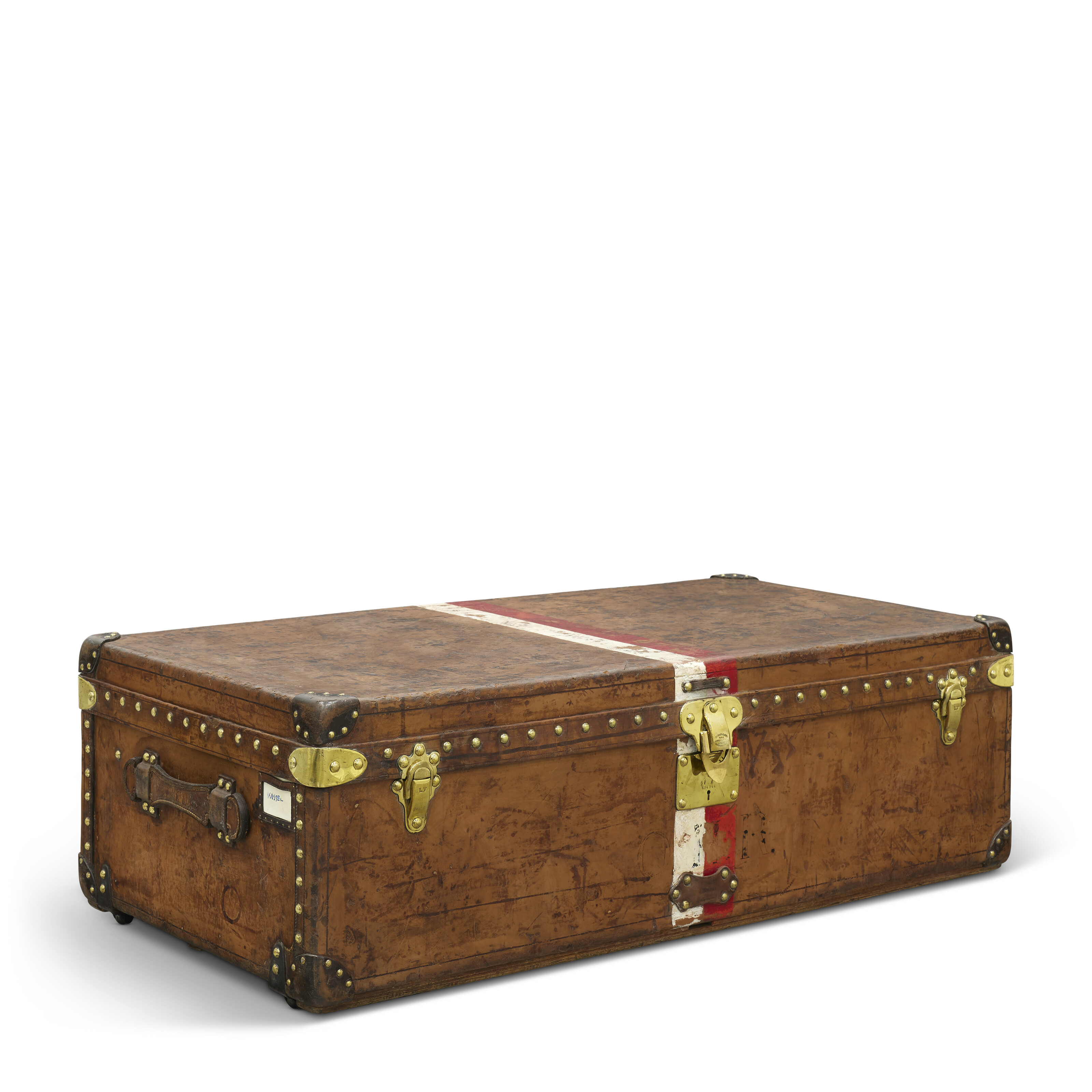 A NATURAL COWHIDE LEATHER CABIN 110 TRUNK WITH BRASS HARDWARE, LOUIS ...