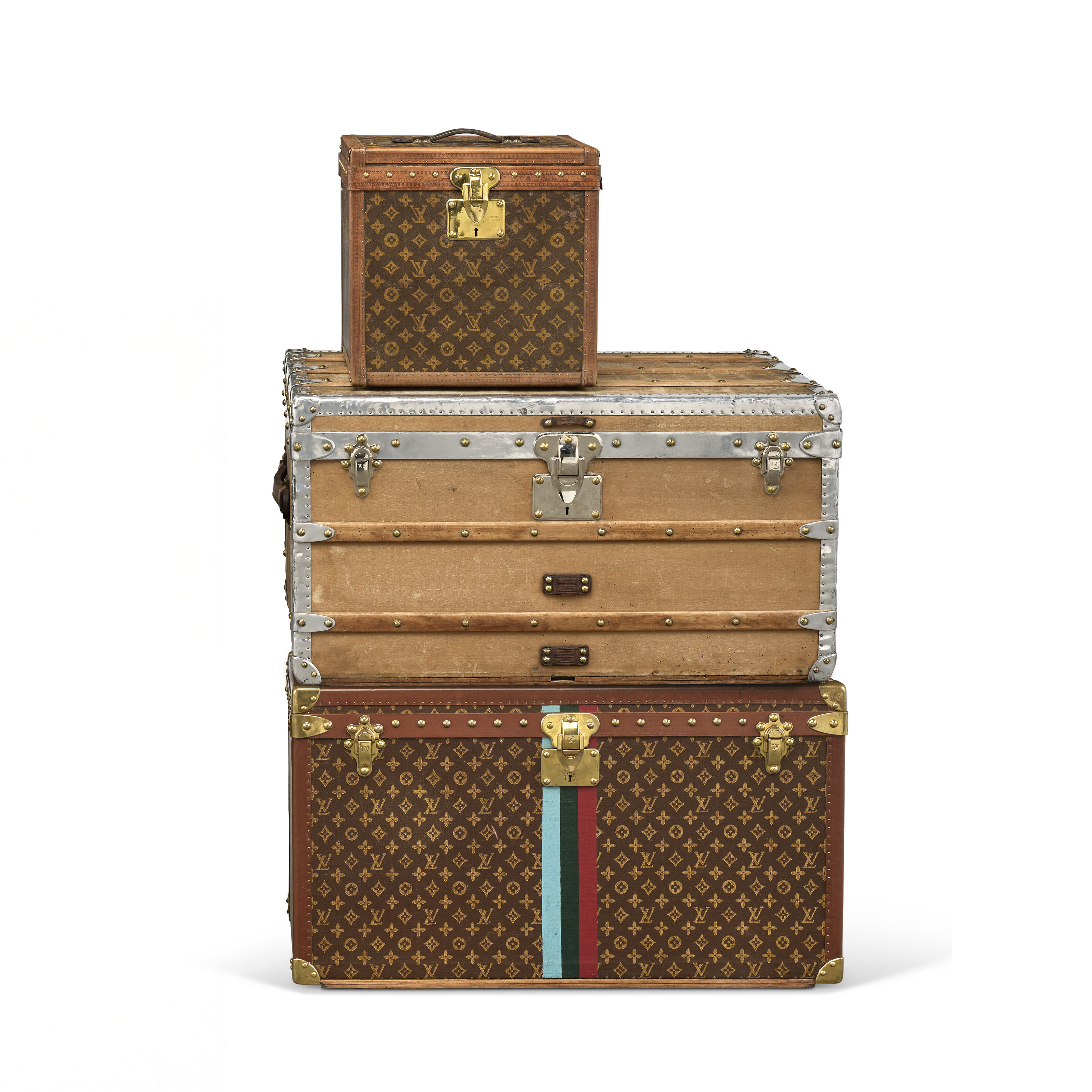 A GROUP OF THREE: A MONOGRAM CANVAS HAT TRUNK WITH BRASS HARDWARE, A ...