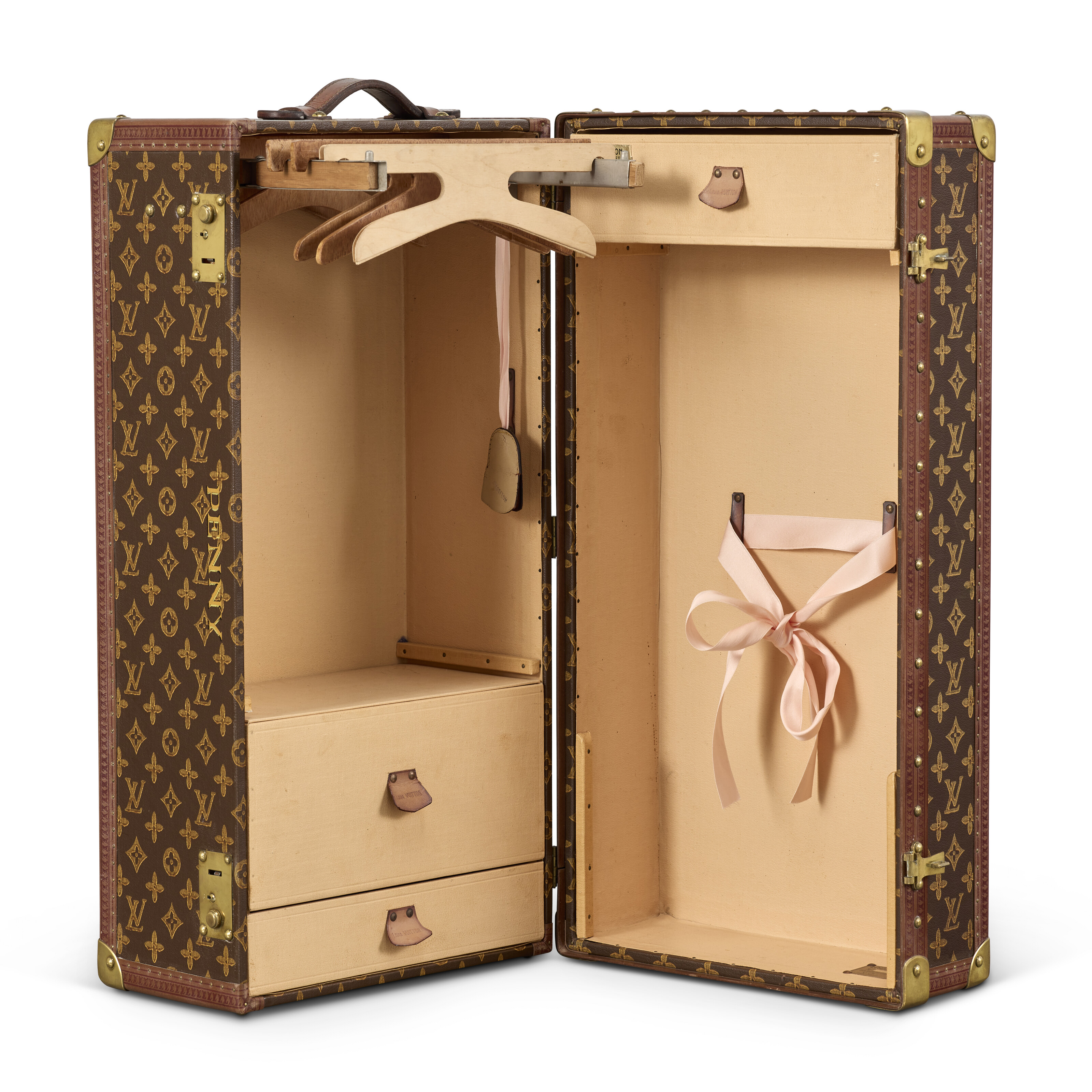 A RARE, MONOGRAM CANVAS DOLL WARDROBE TRUNK WITH BRASS HARDWARE, LOUIS ...