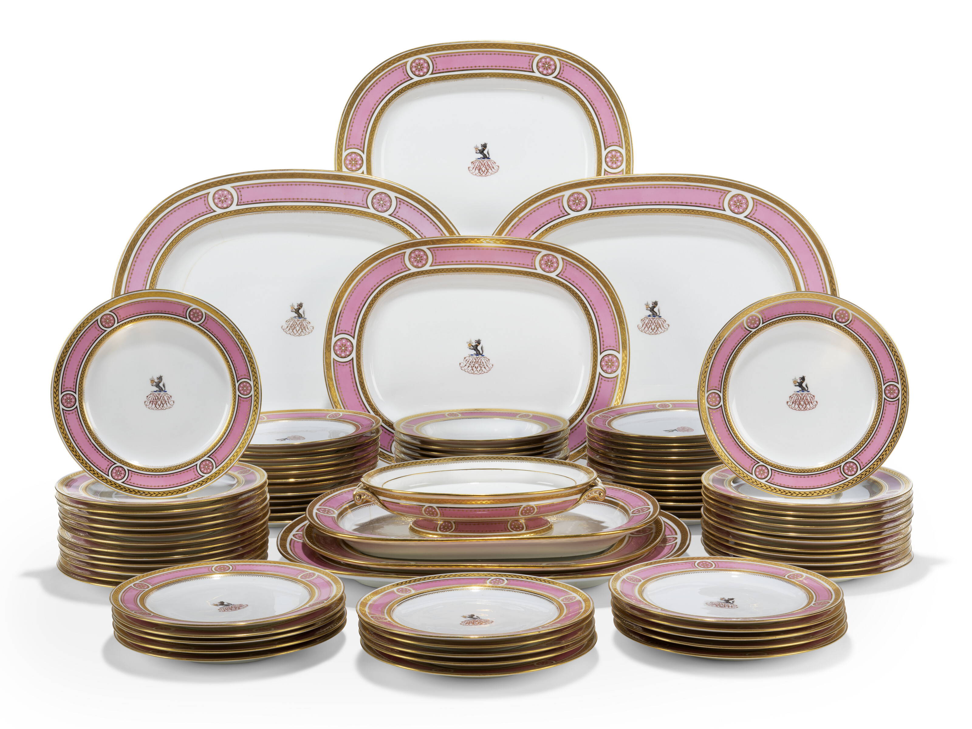 A MINTON'S CHINA CRESTED PART DINNER-SERVICE, CIRCA 1859-1882, PUCE ...