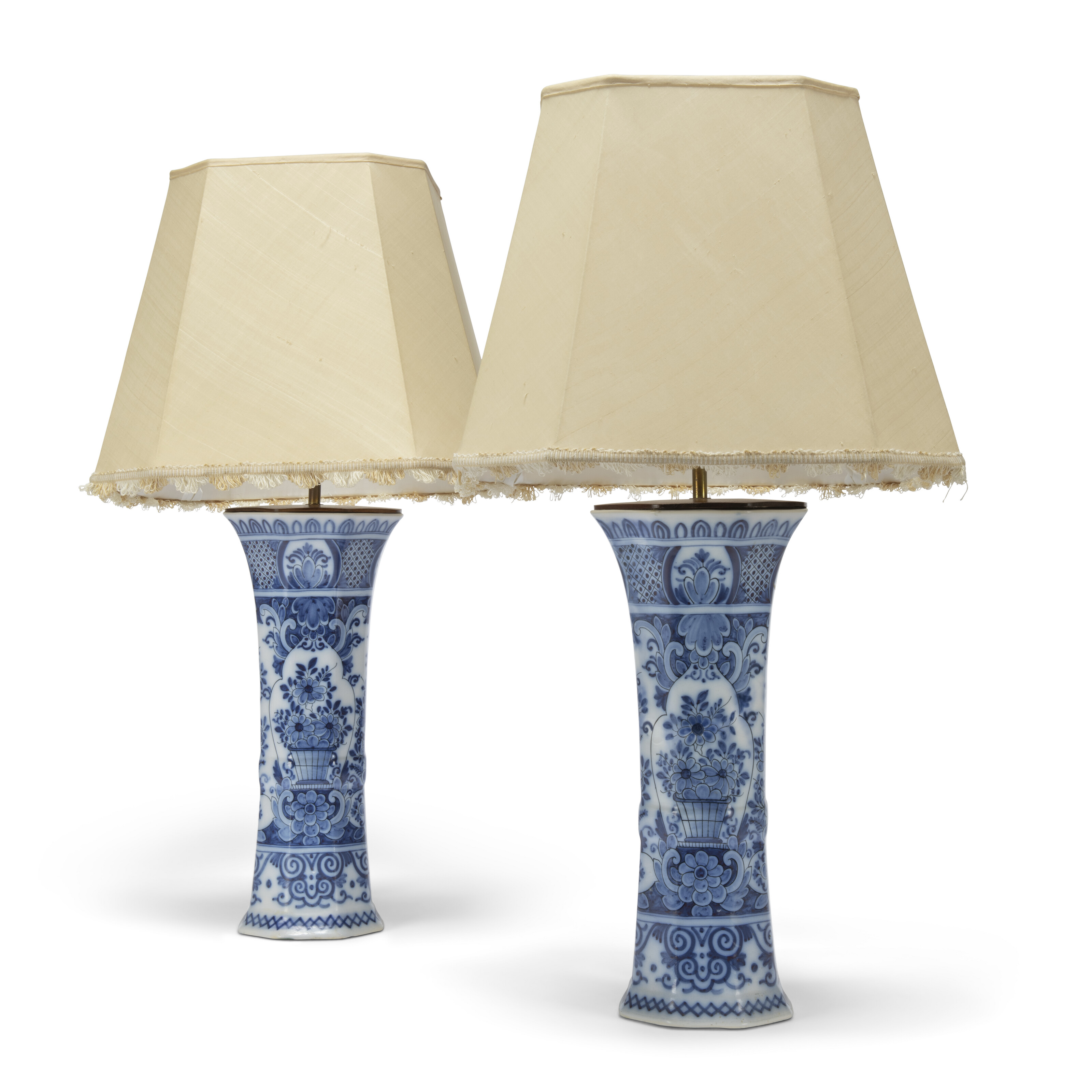A PAIR OF BLUE AND WHITE DUTCH DELFT TRUMPET VASE TABLE LAMPS, 19TH ...