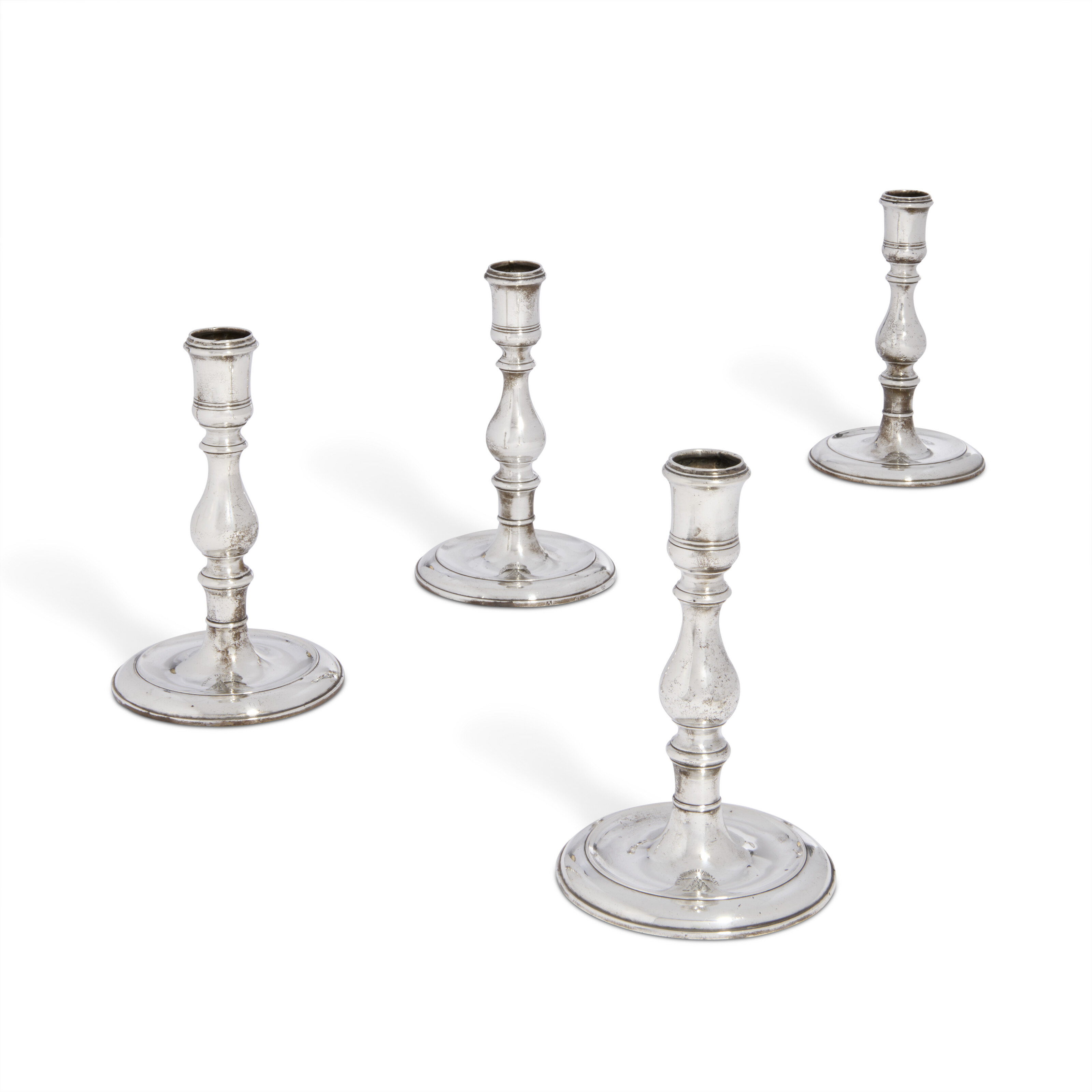 A SET OF FOUR GEORGE II SCOTTISH SILVER CANDLESTICKS, MARK OF JAMES ...
