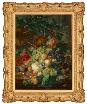 JAN VAN HUYSUM (AMSTERDAM 1682-1749), Peaches and grapes in a wicker ...