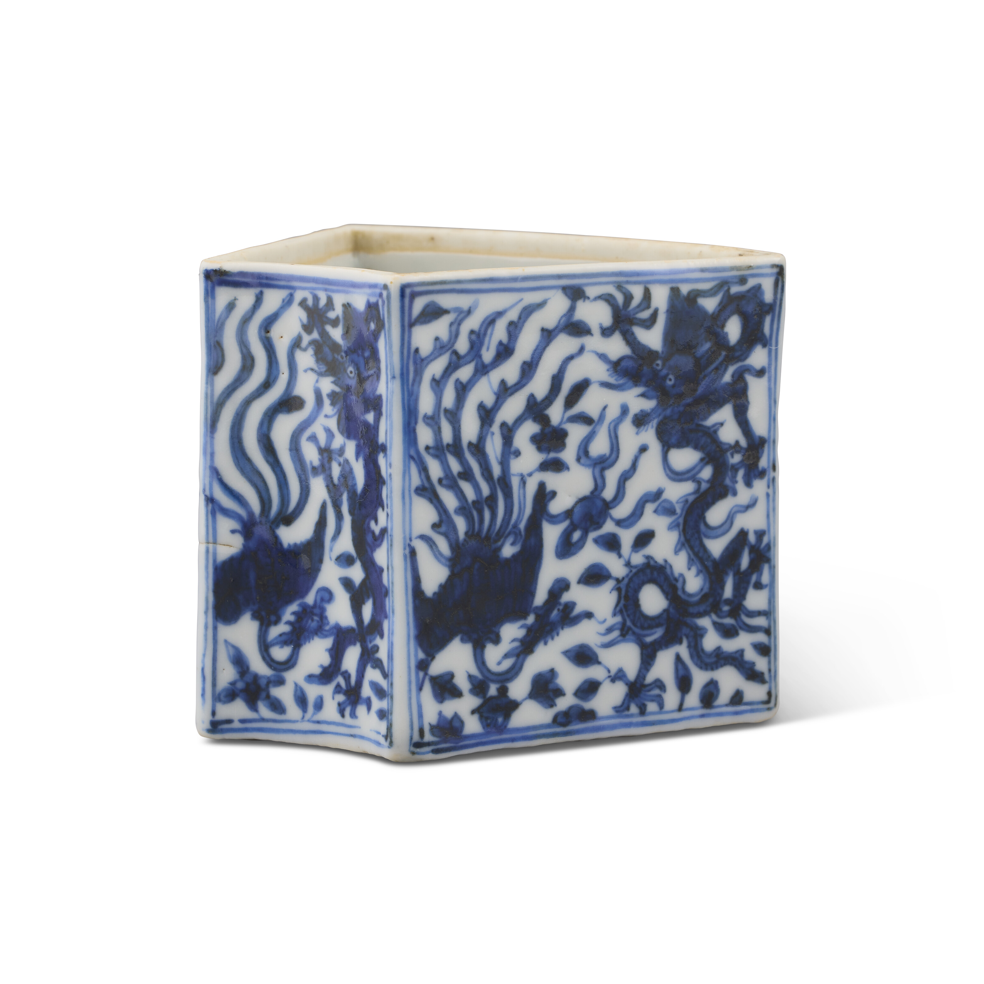 A BLUE AND WHITE 'DRAGON AND PHOENIX' FAN-SHAPED JAR, WANLI SIX ...
