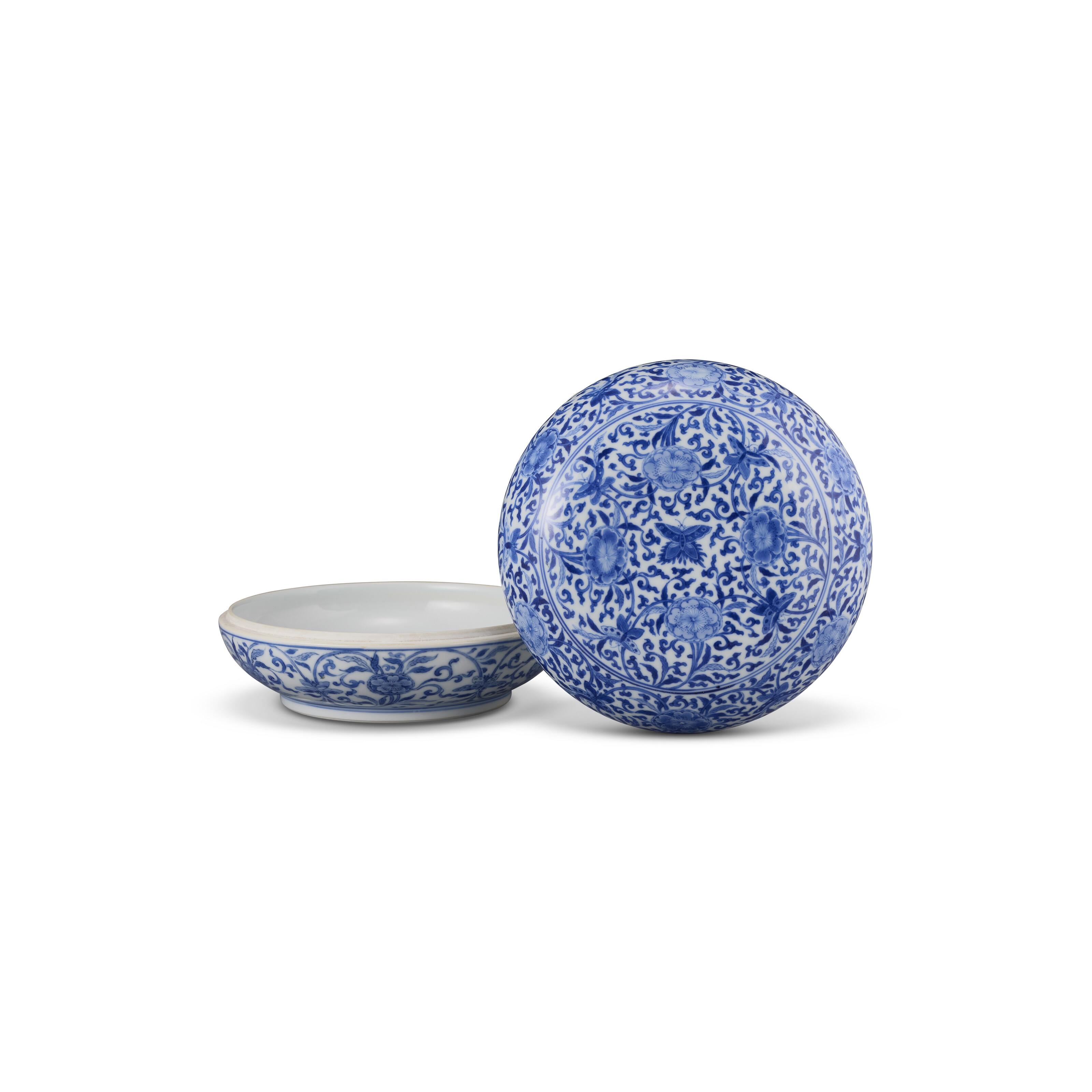 A BLUE AND WHITE 'BUTTERFLY AND FLOWER' BOX AND COVER, KANGXI SIX ...