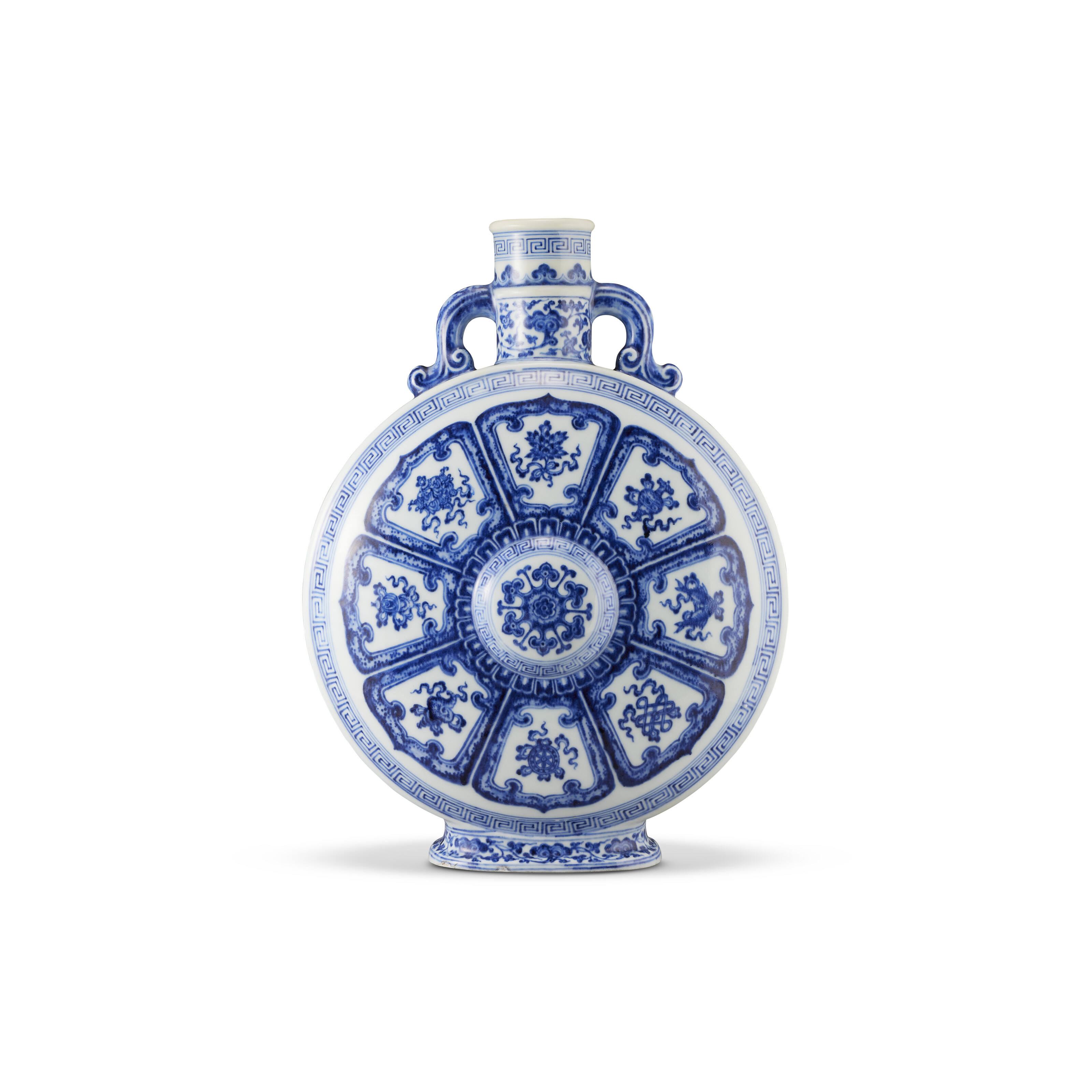 A RARE SMALL BLUE AND WHITE ‘BAJIXIANG’ MOONFLASK, QIANLONG SIX ...