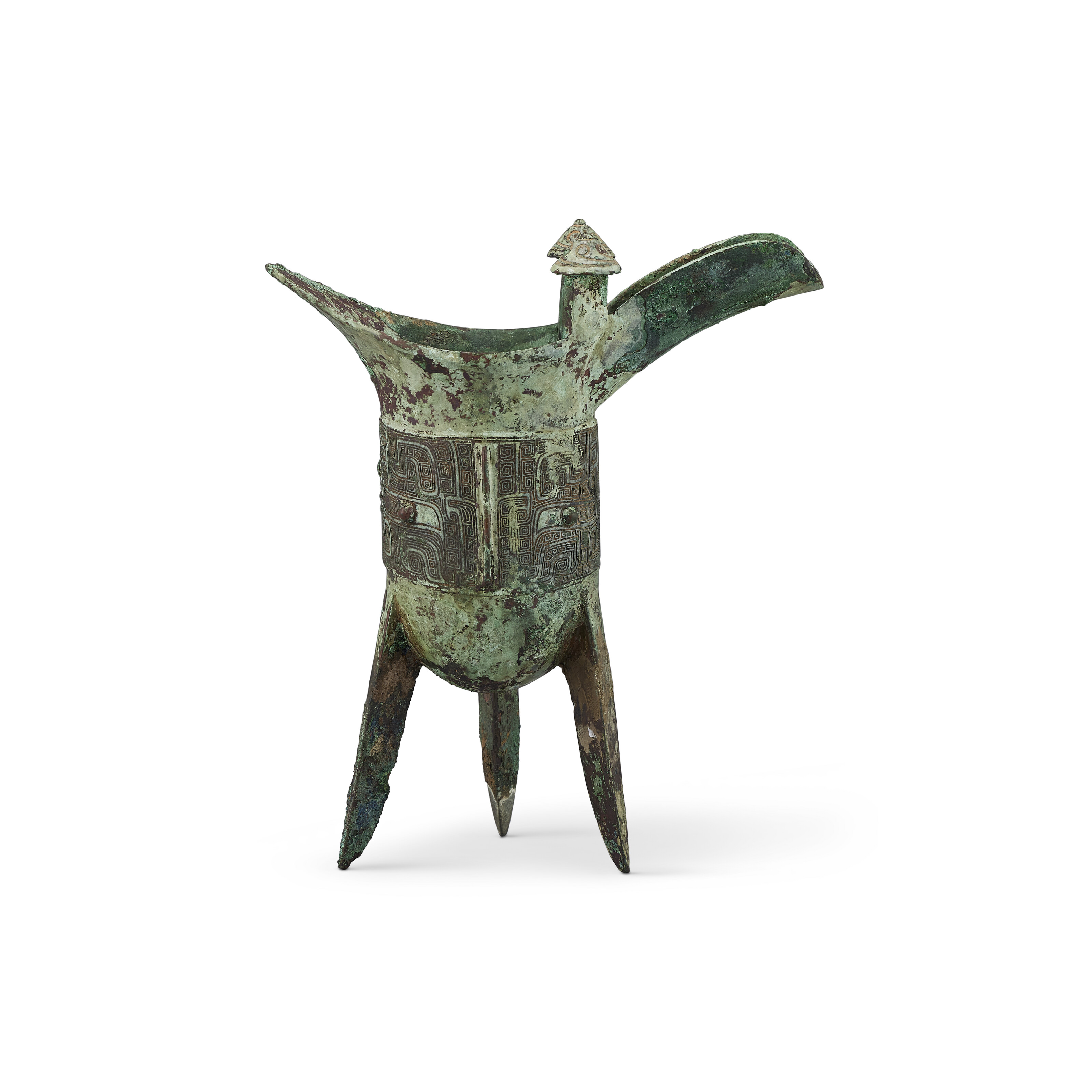 AN ARCHAIC BRONZE RITUAL TRIPOD WINE VESSEL, JUE, SHANG DYNASTY, 12TH ...