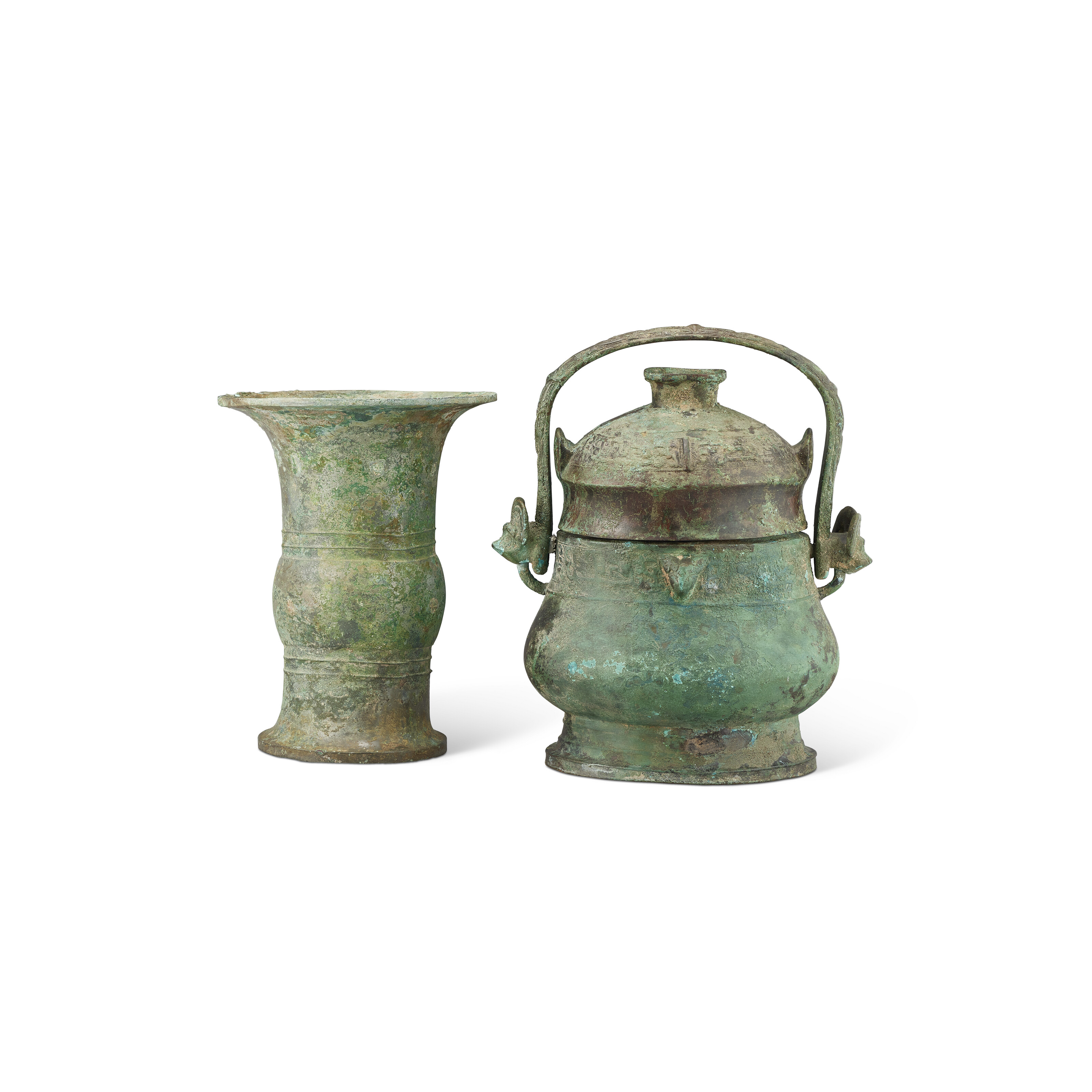 AN ARCHAIC BRONZE VESSEL AND COVER, YOU AND AN ARCHAIC BRONZE ZUN ...