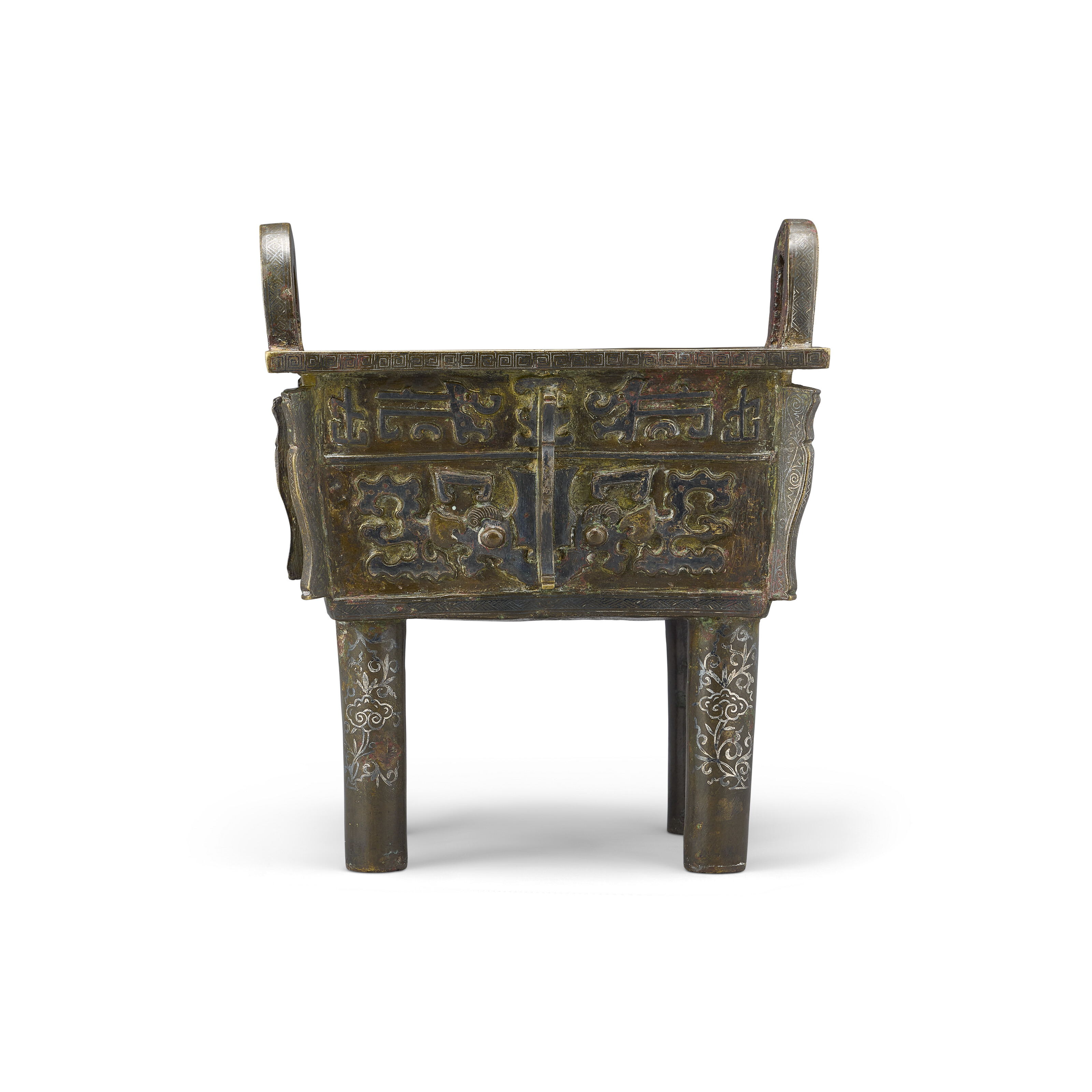 AN ARCHAISTIC SILVER-INLAID BRONZE CENSER, FANGDING, QING DYNASTY, 17TH ...