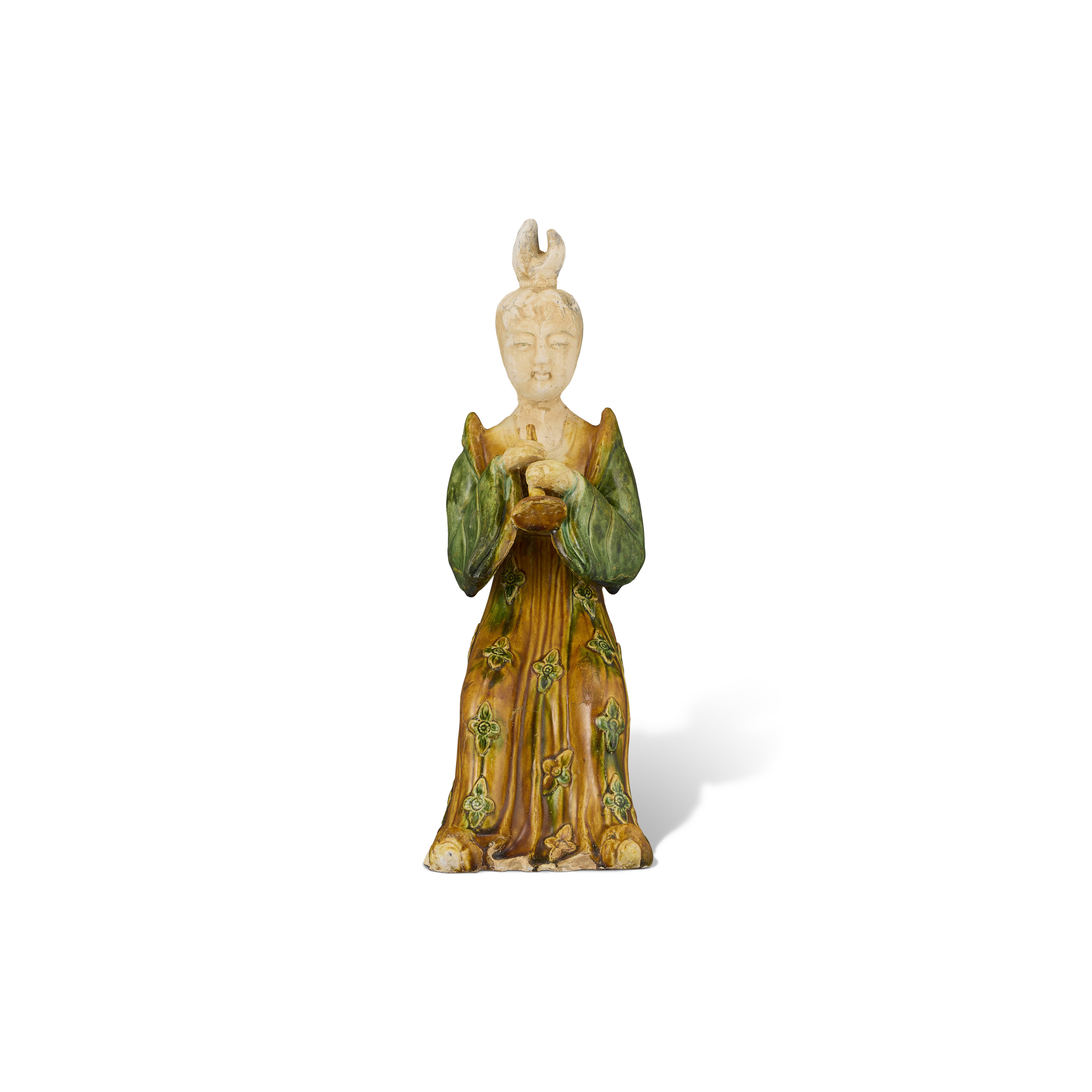 A SANCAI-GLAZED POTTERY FIGURE OF A SEATED LADY MUSICIAN, TANG DYNASTY ...