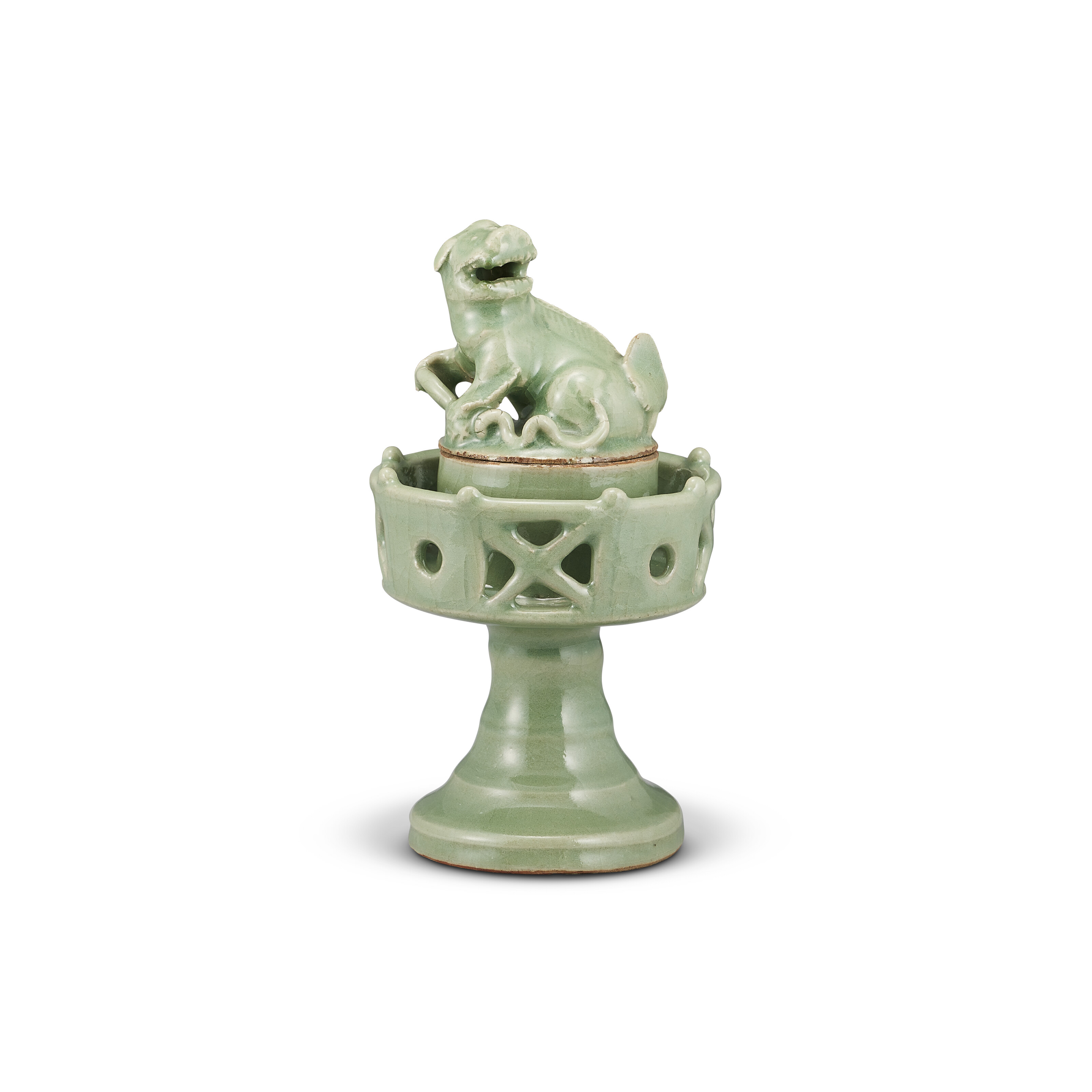 A LONGQUAN CELADON ‘BUDDHIST LION’ CENSER AND COVER, YUAN-MING DYNASTY ...