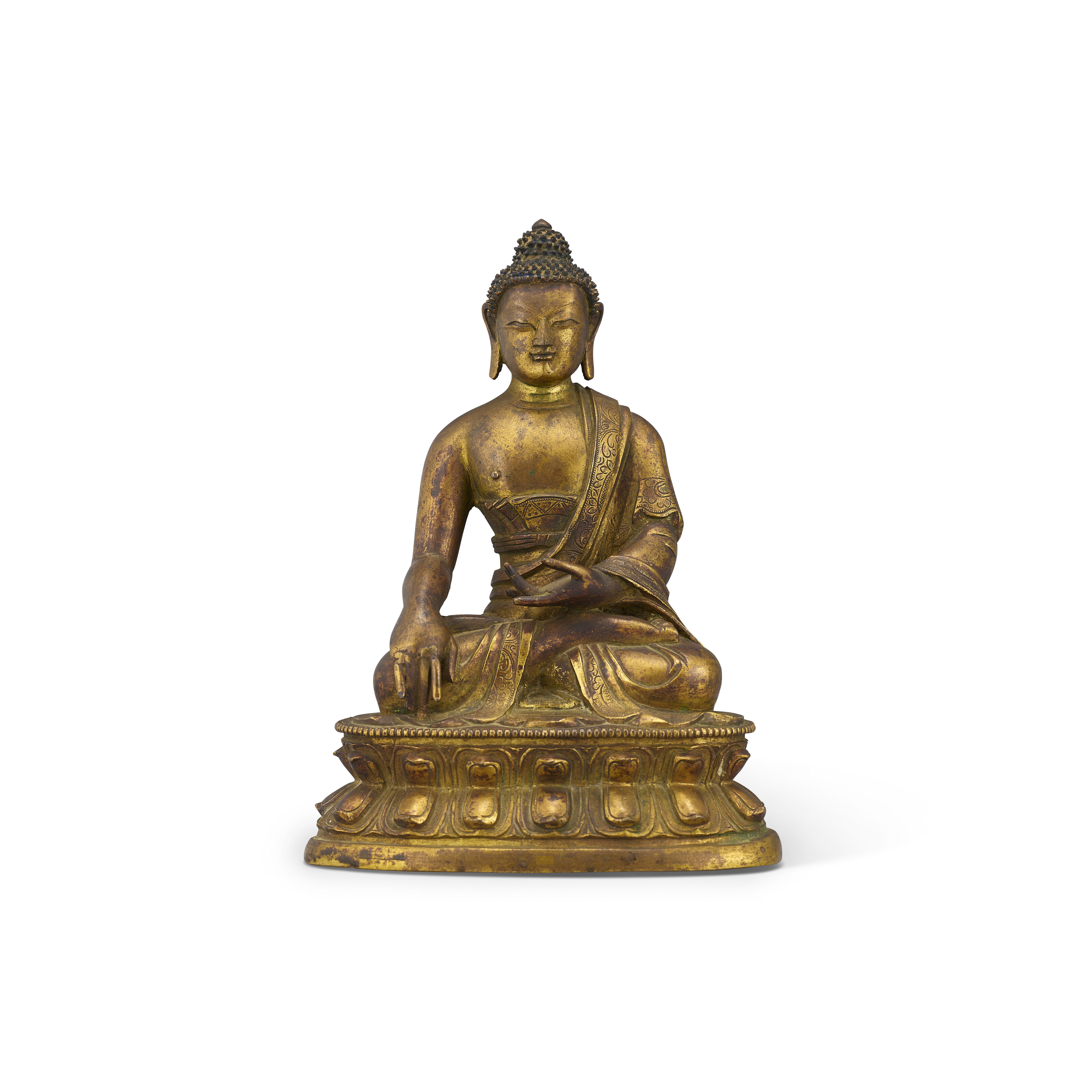 A GILT COPPER ALLOY FIGURE OF BUDDHA SHAKYAMUNI, QING DYNASTY, 18TH ...