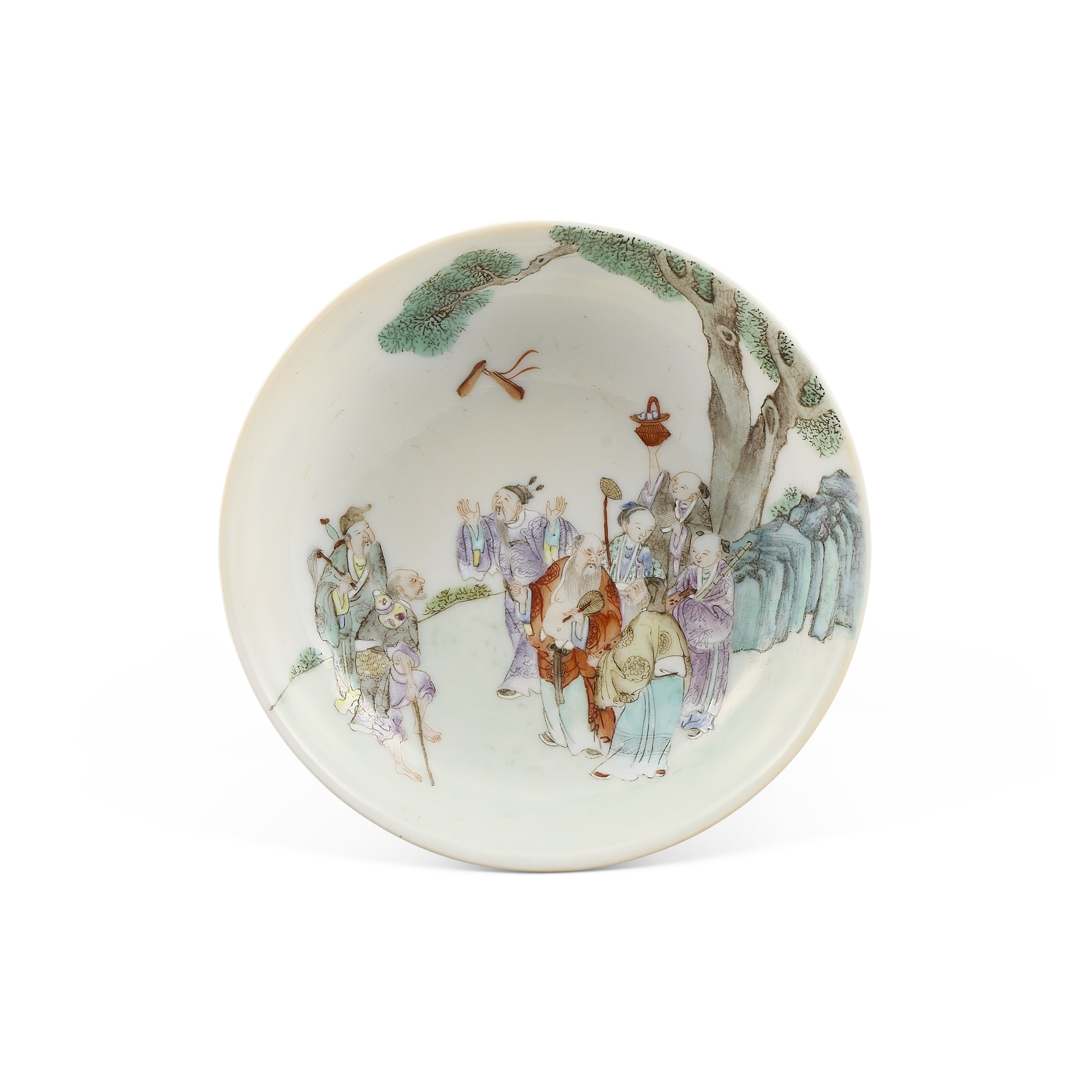 A FAMILLE ROSE 'EIGHT IMMORTALS' DISH, JIAQING SIX-CHARACTER SEAL MARK ...