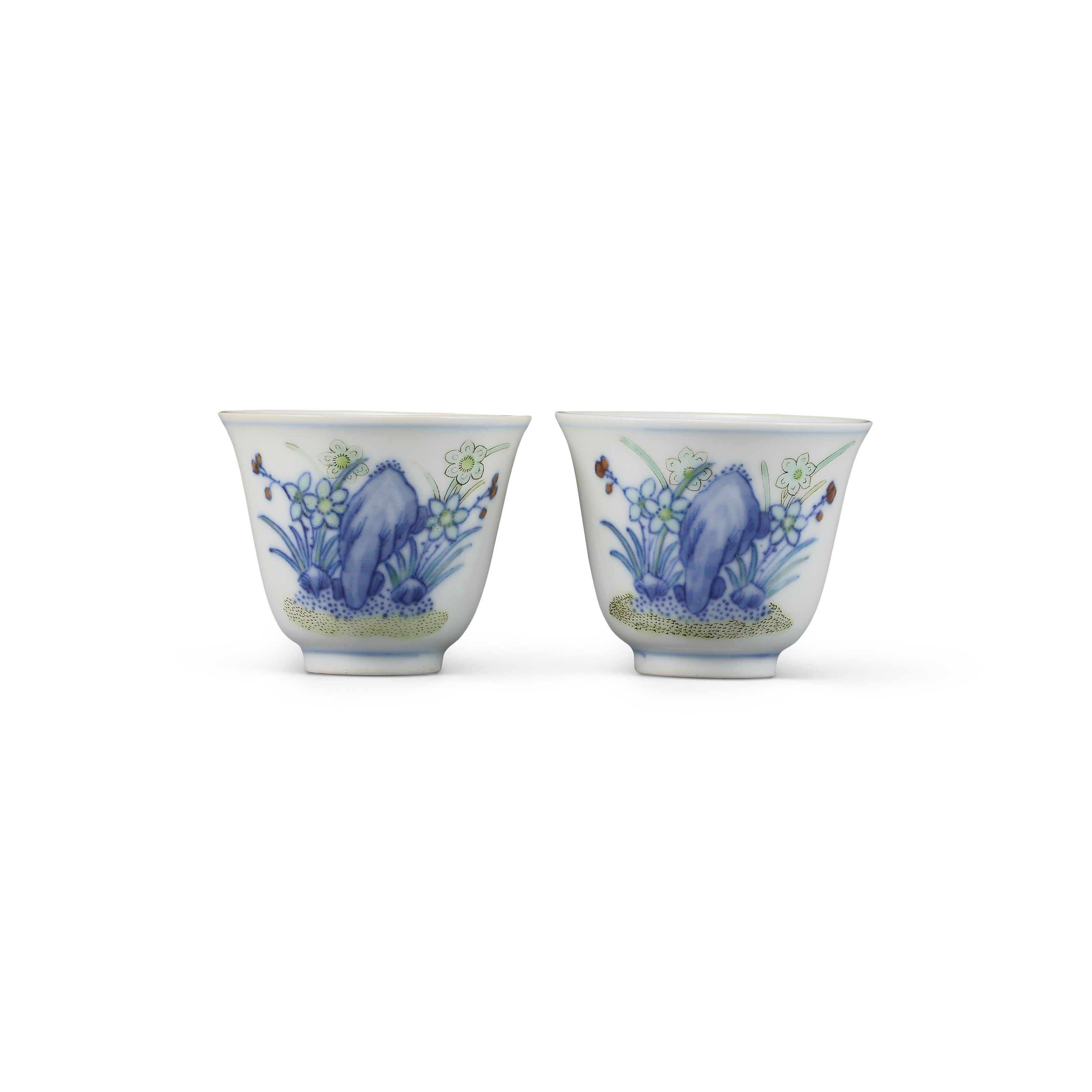 A PAIR OF DOUCAI ‘NARCISSUS’ MONTH CUPS, TONGZHI SIX-CHARACTER MARKS IN ...