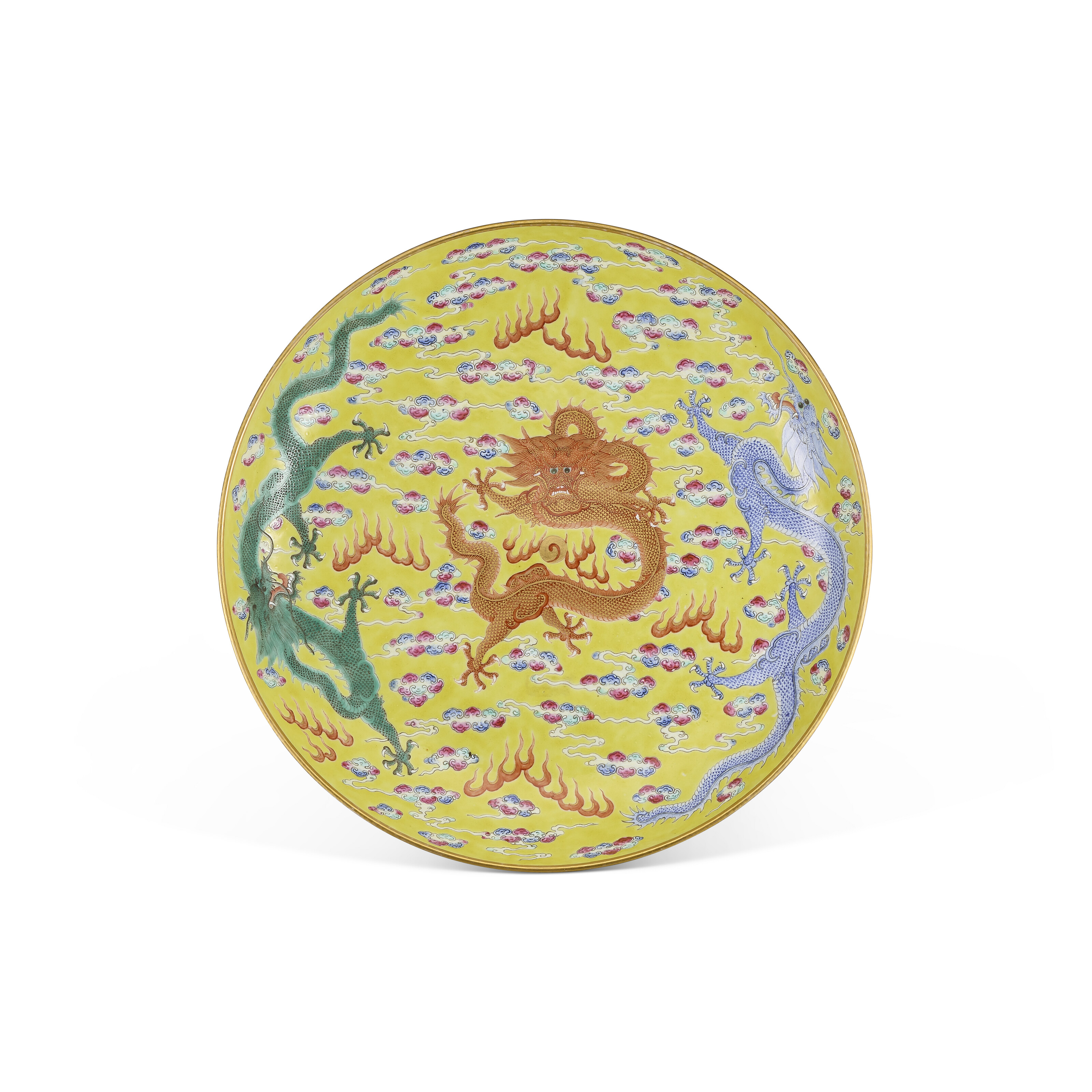 A LARGE YELLOW-GROUND FAMILLE ROSE AND GILT-DECORATED ‘DRAGON’ DISH ...