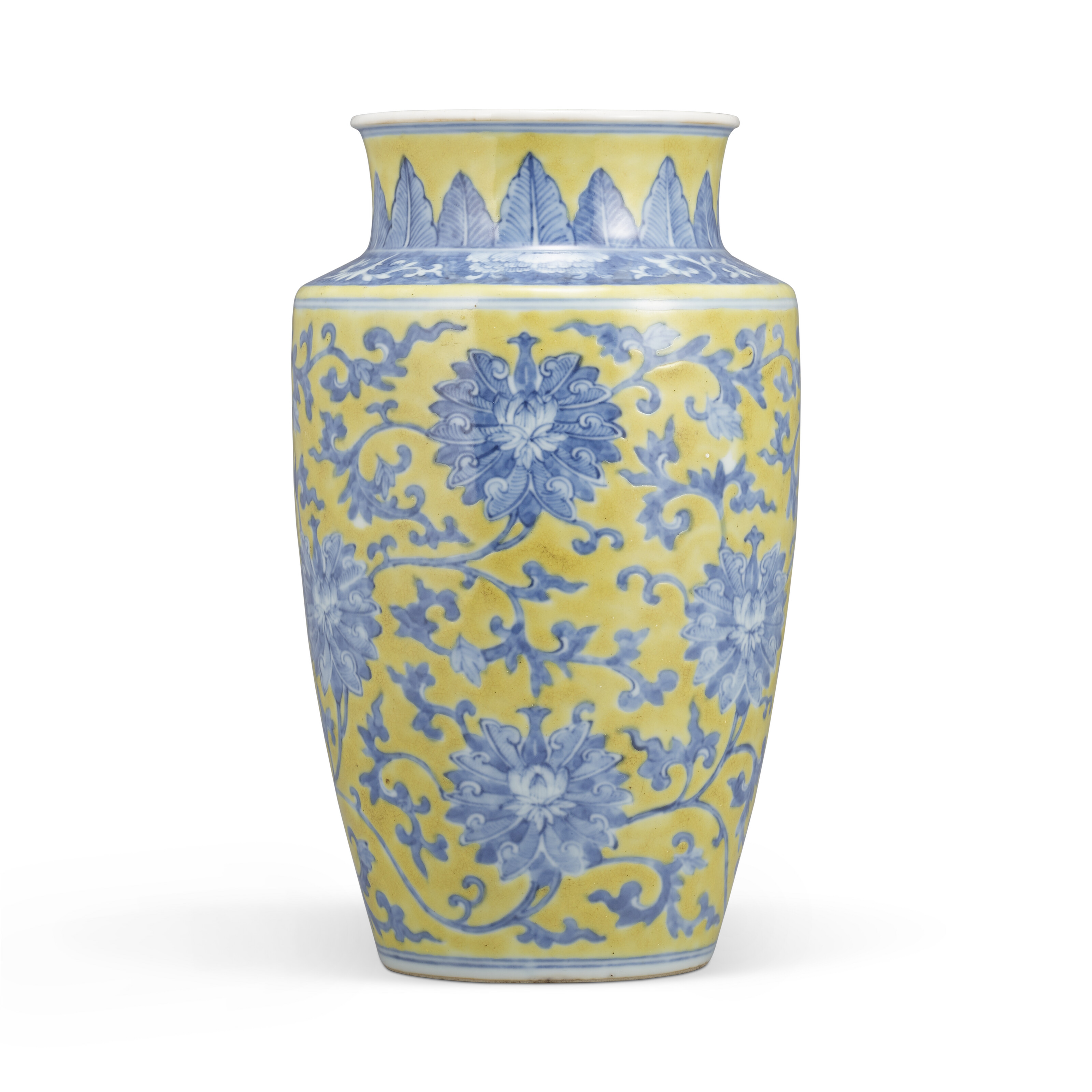 A YELLOW-GROUND BLUE AND WHITE ‘LOTUS’ VASE, 20TH CENTURY | Christie’s