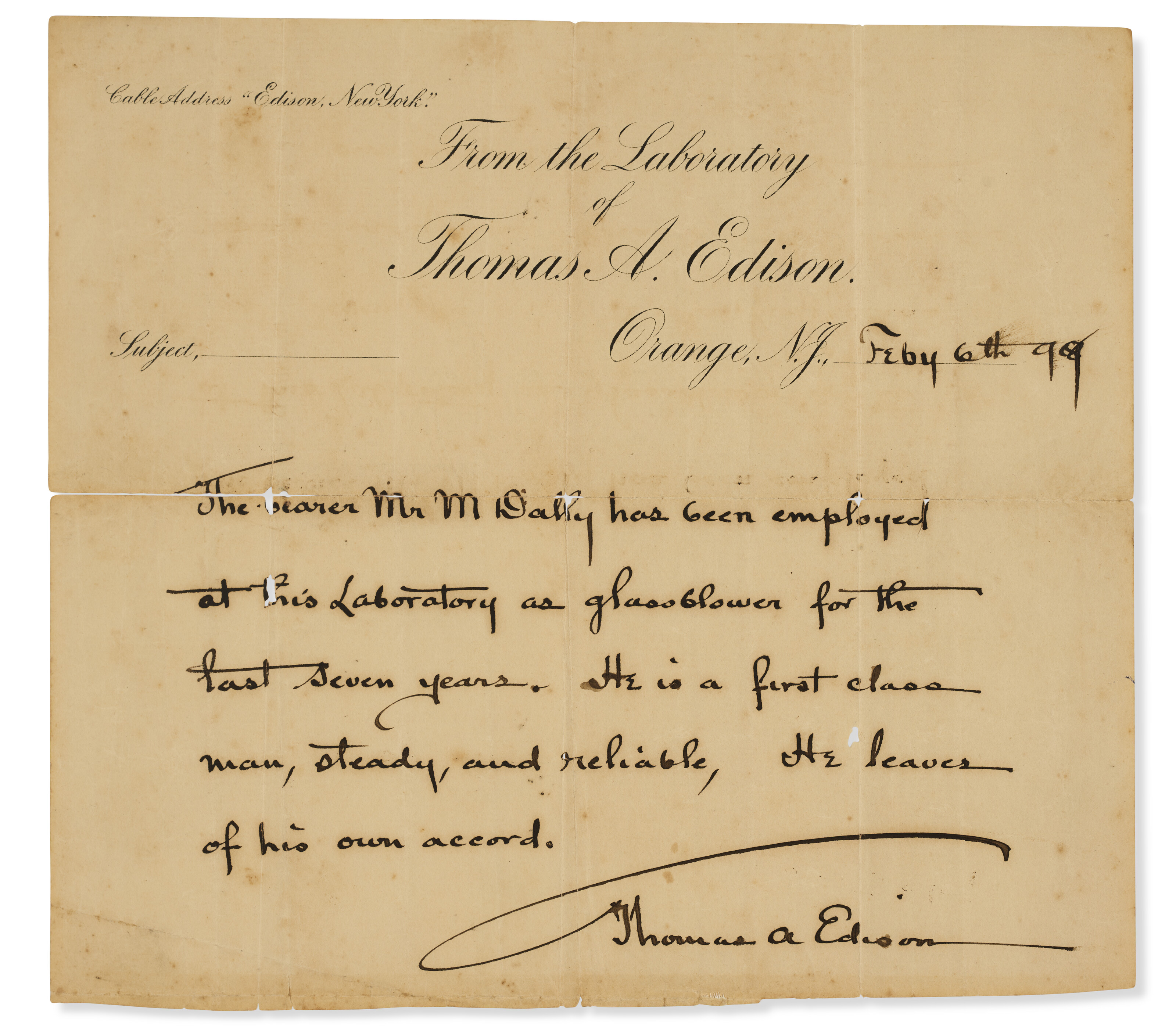 Three letters, Thomas Edison, 1899-1926 | Christie’s
