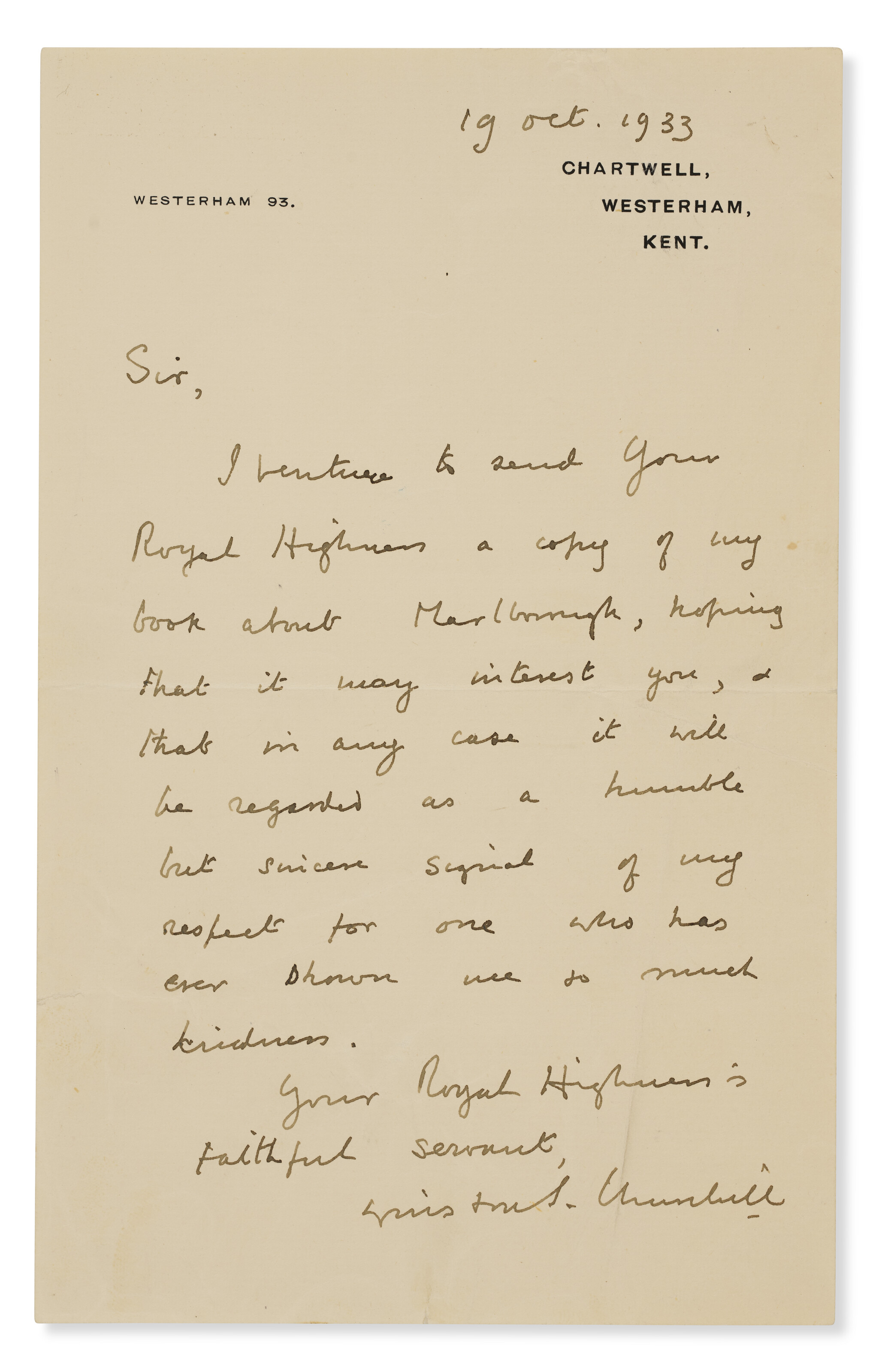 To the future Edward VIII, Winston Churchill, 19 October, 1933 | Christie’s