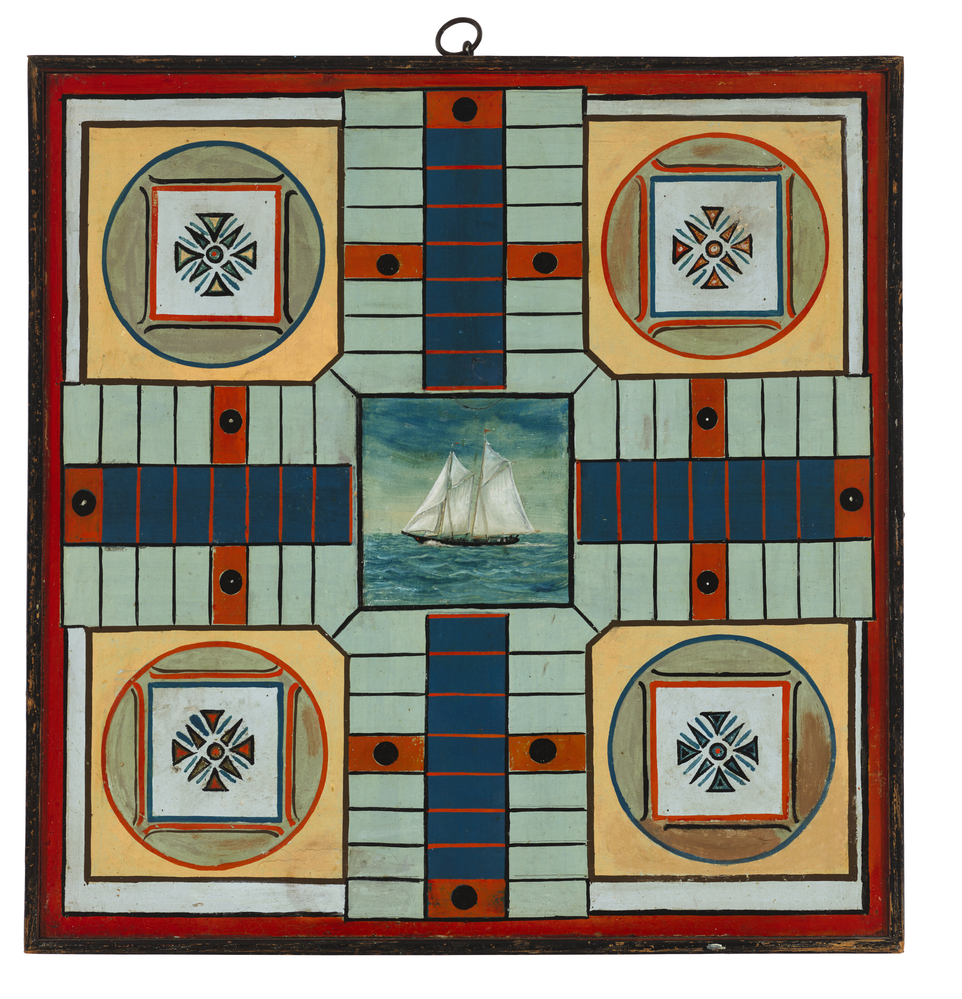 A DOUBLE-SIDED PAINT-DECORATED PARCHEESI GAME BOARD, PROBABLY MARTIME ...