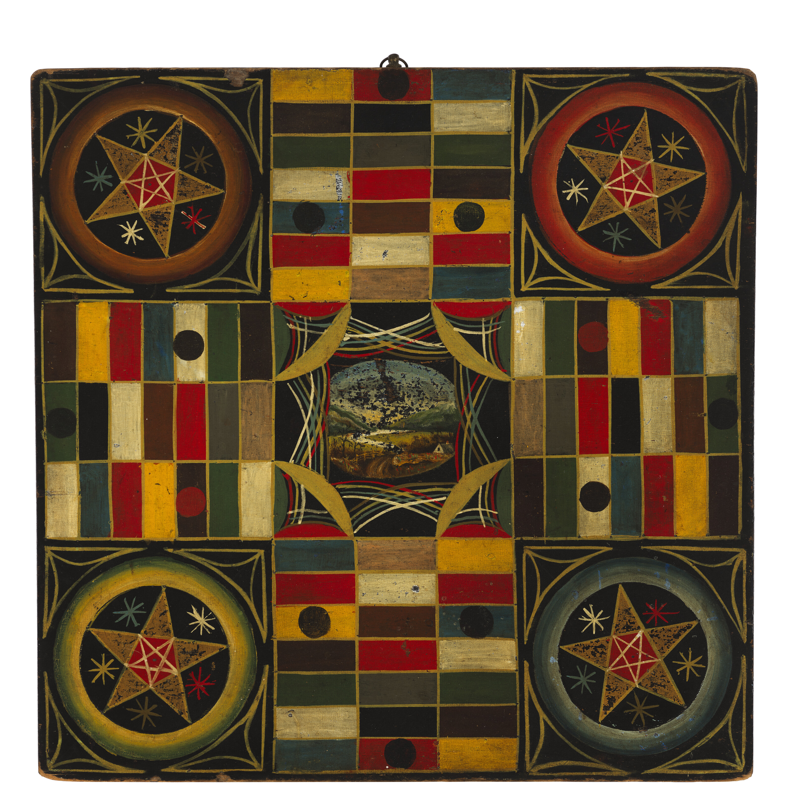 A PAINT-DECORATED PARCHEESI GAME BOARD, POSSIBLY VERMONT, CIRCA 1840 ...