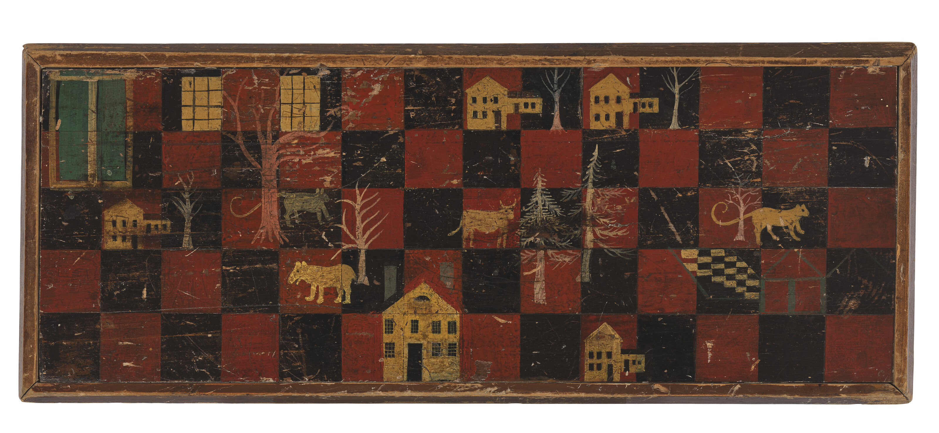A PAINT-DECORATED PINE CHECKERED GAME BOARD, CIRCA 1860 | Christie’s