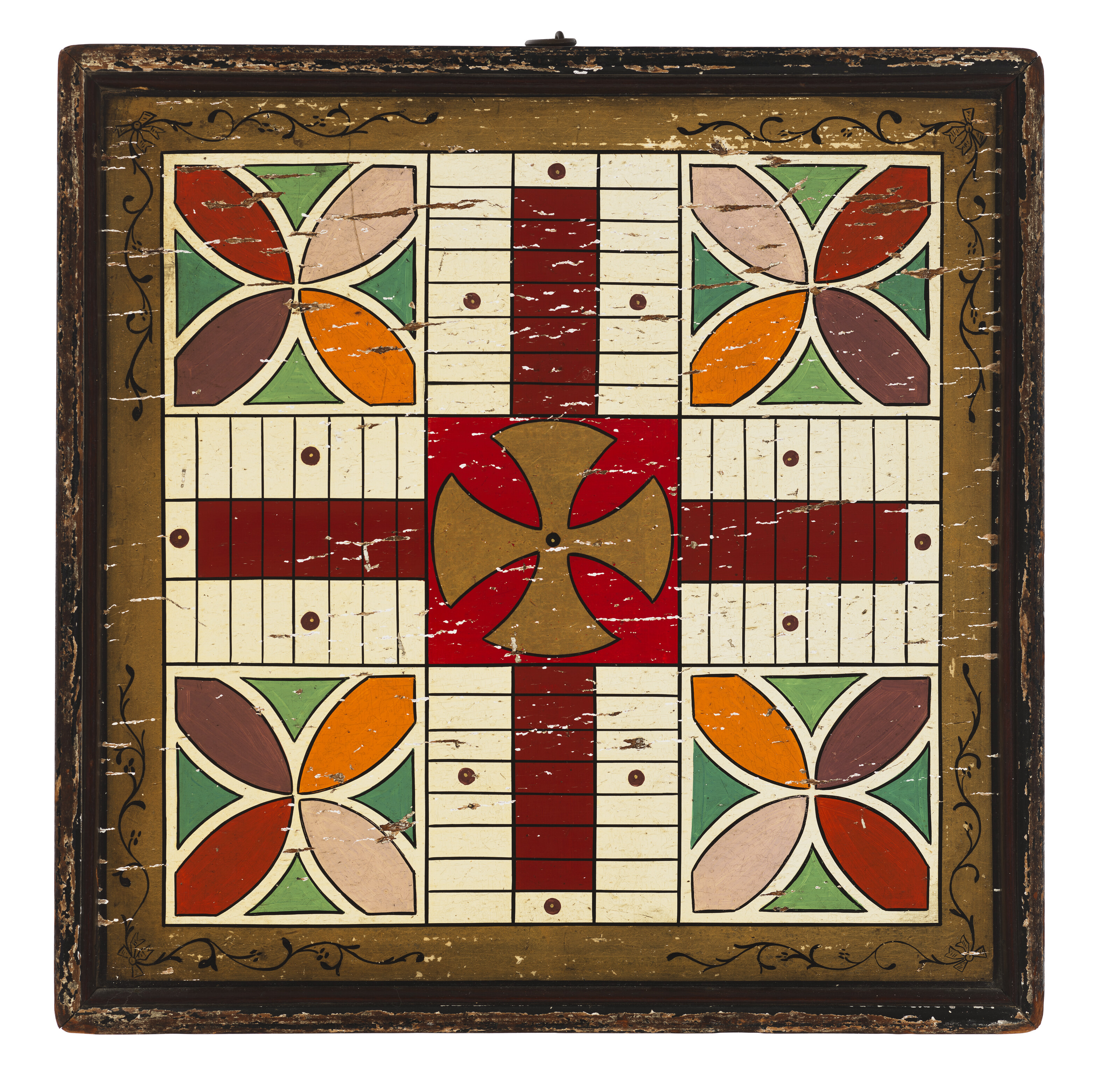 A DOUBLE-SIDED PAINT-DECORATED PARCHEESI GAME BOARD, PENNSYLVANIA, LATE ...