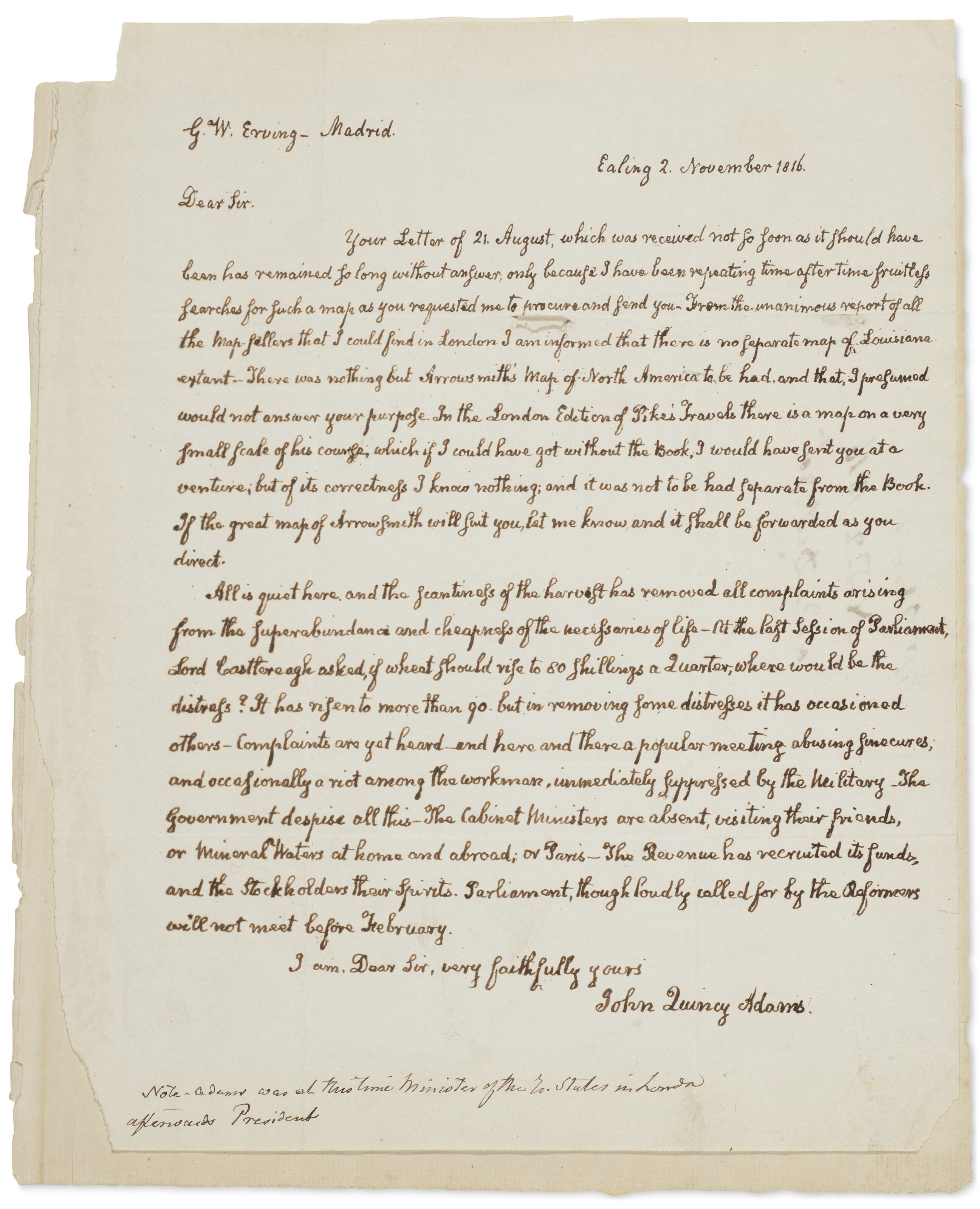 JOHN QUINCY ADAMS (1767-1848), Autograph letter signed, 2 November 1816 ...