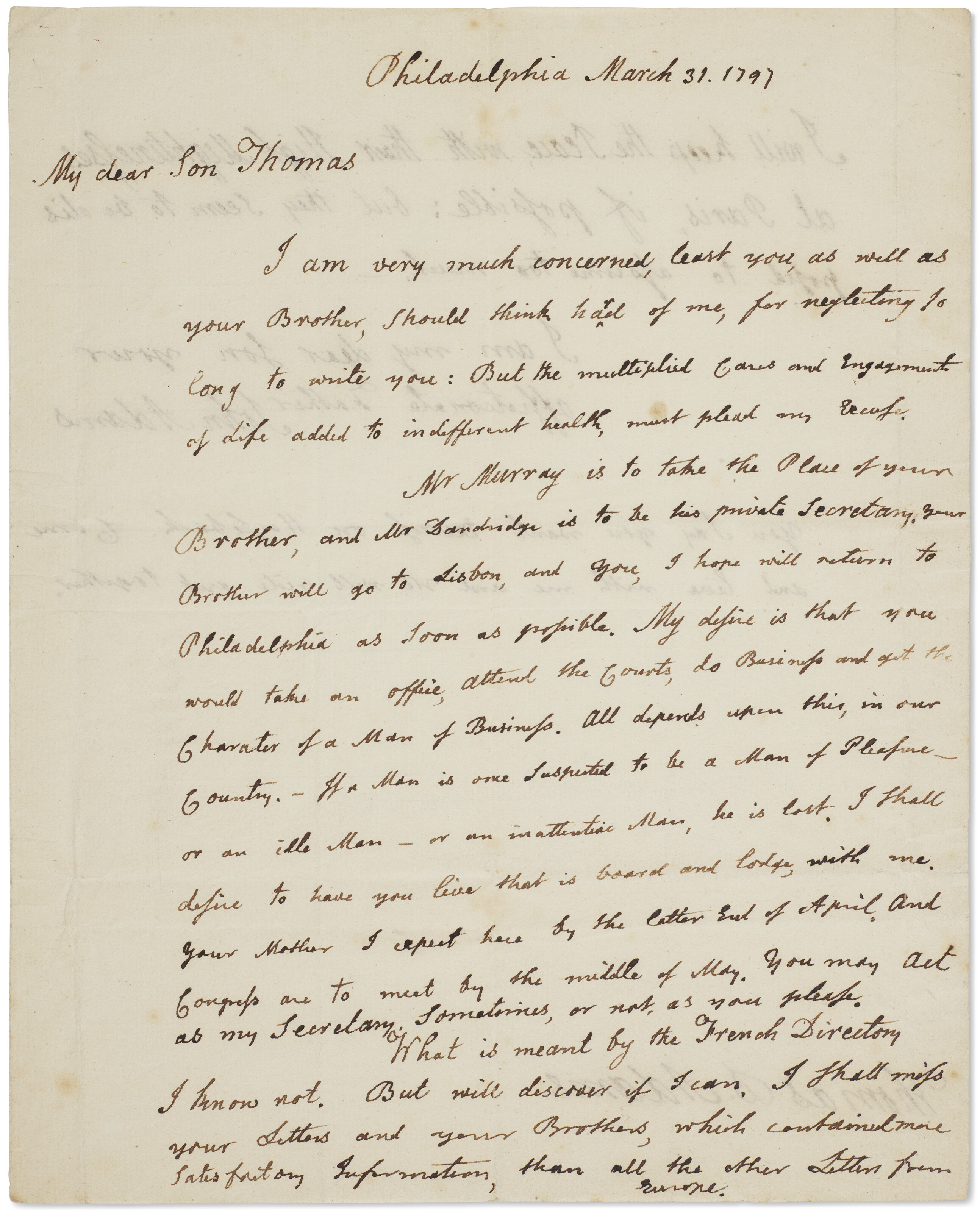 JOHN ADAMS (1735-1826), Autograph letter signed to his son, Thomas ...