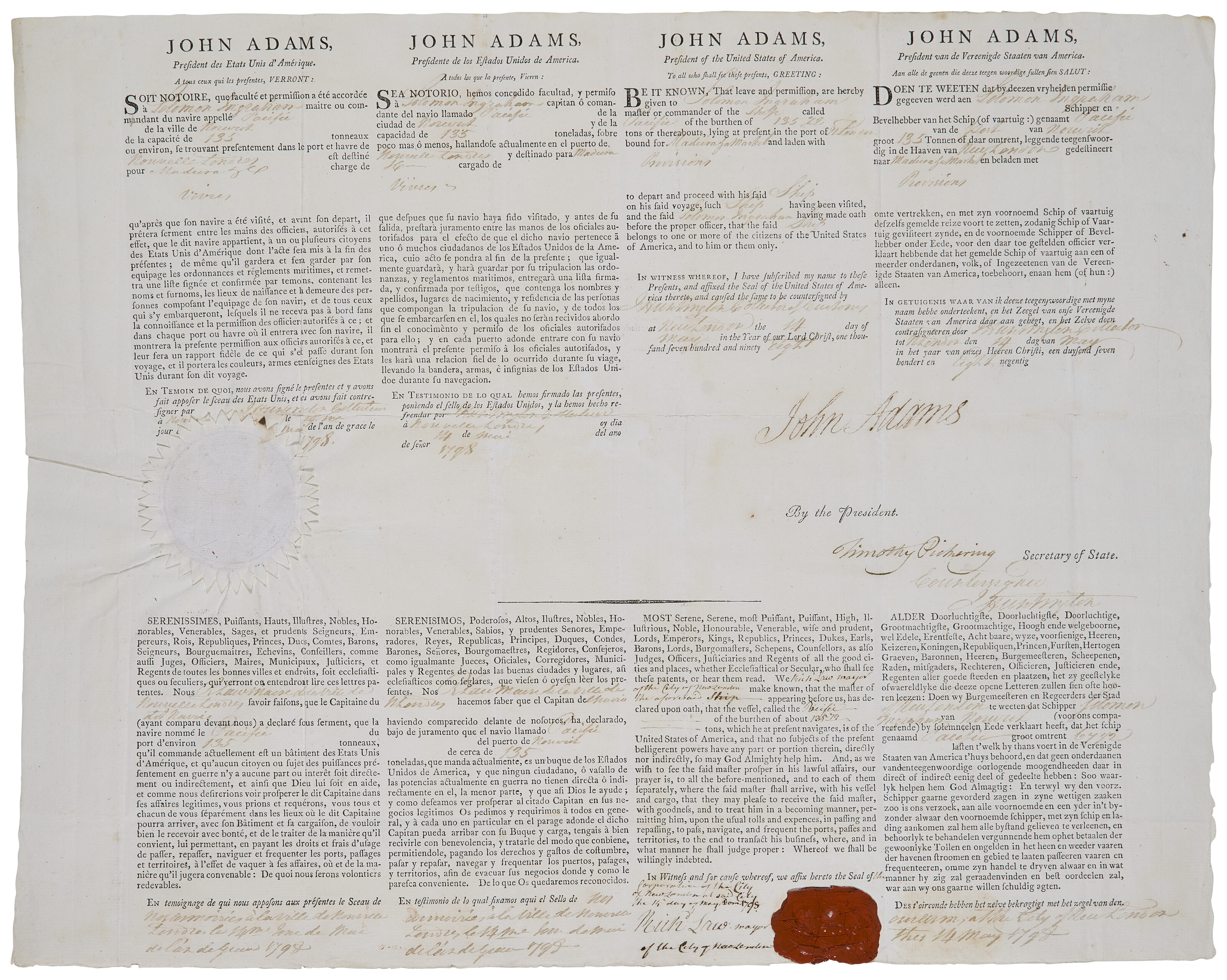 JOHN ADAMS (1735-1826), Document signed as President, 14 May 1796 ...