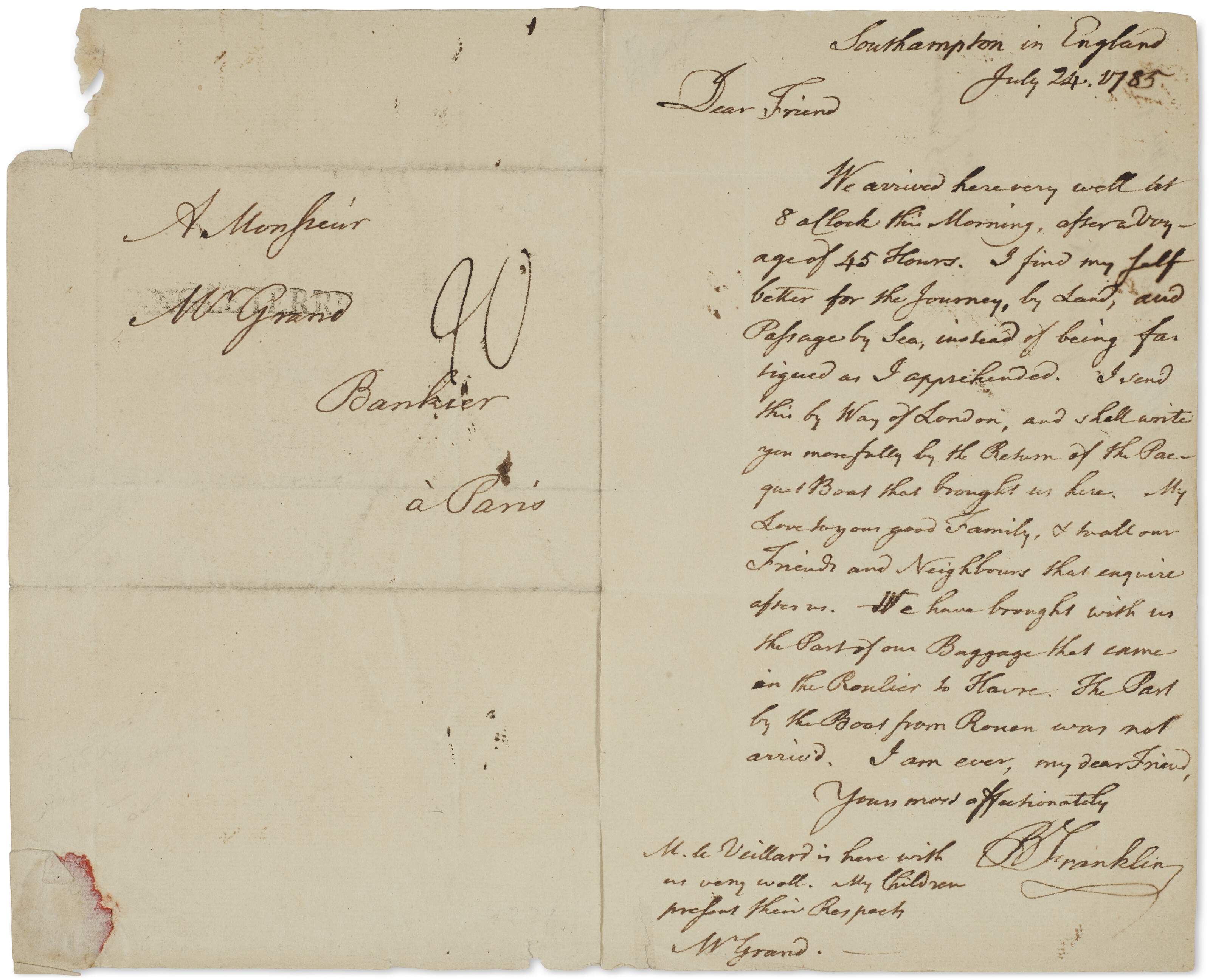 BENJAMIN FRANKLIN (1706-1790), Autograph letter signed, 24 July 1785 ...