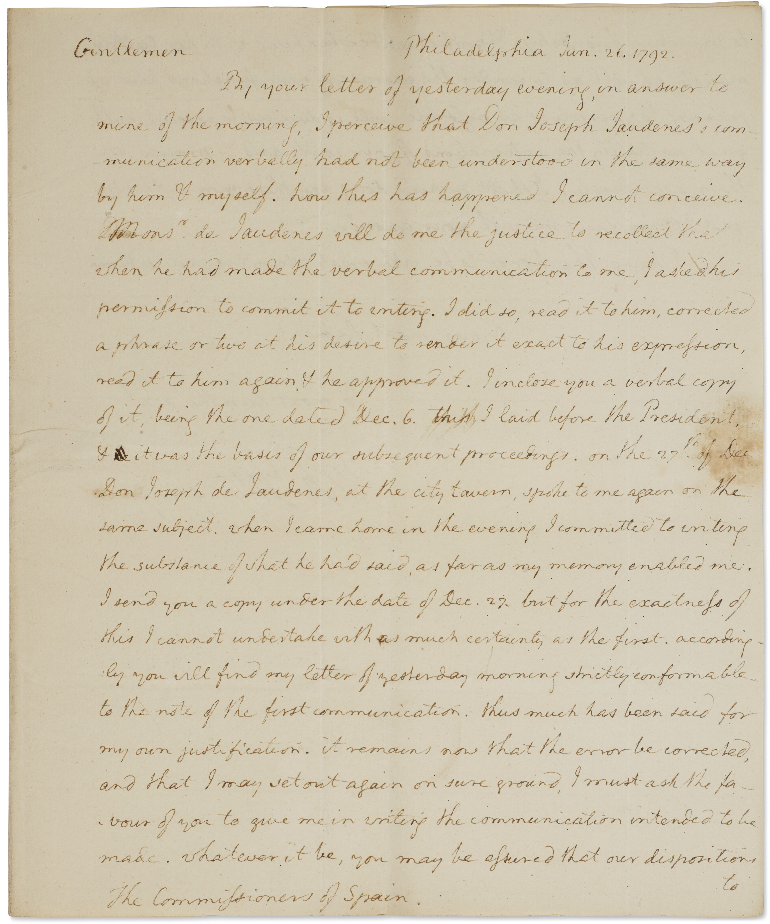 THOMAS JEFFERSON (1743-1826), Autograph letter signed, 26 January 1792 ...