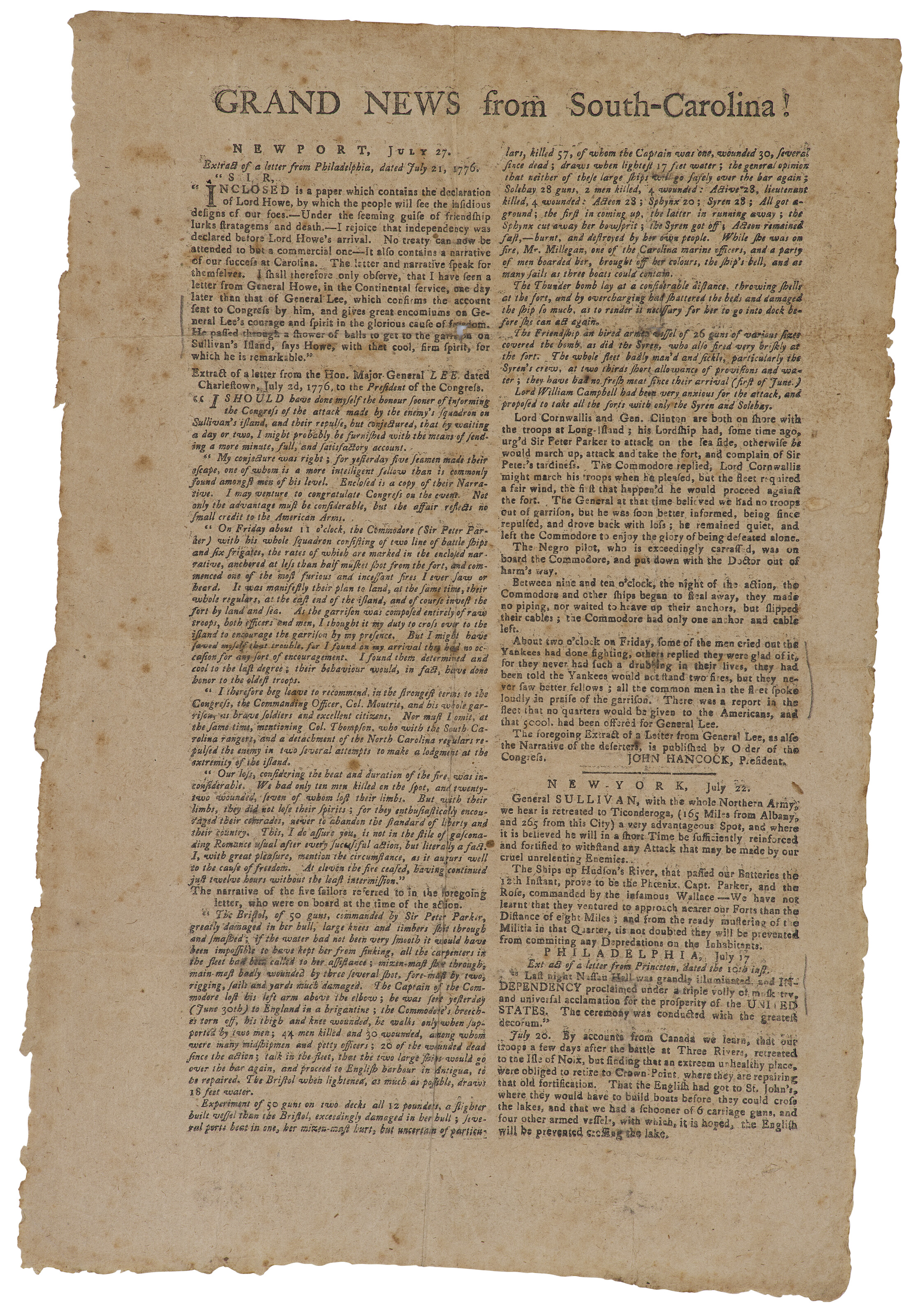 A BROADSIDE ANNOUNCING THE AMERICAN VICTORY AT CHARLESTON, c. 27 July ...