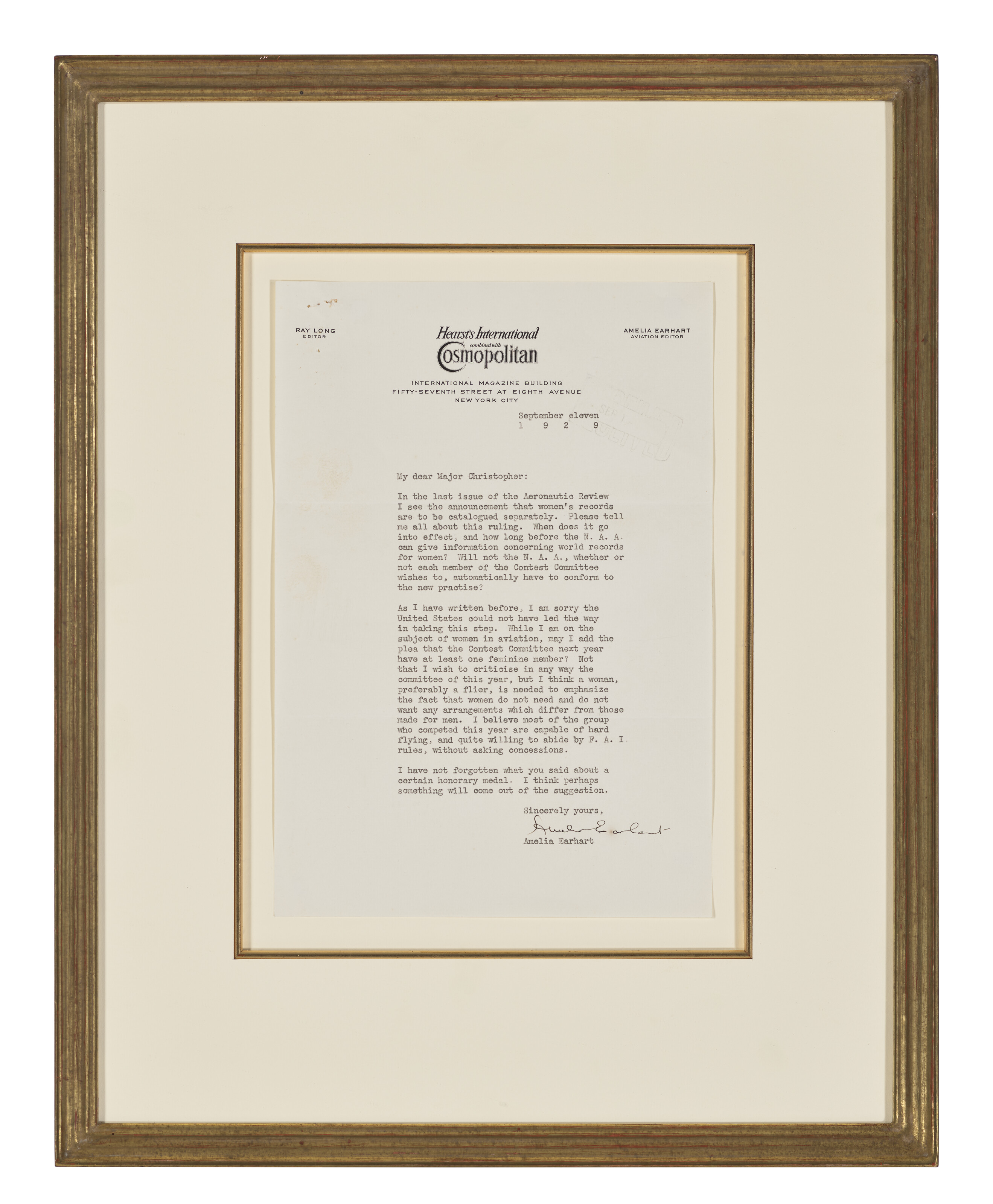 AMELIA EARHART (1897-1937?), Typed letter signed to Major Christopher ...