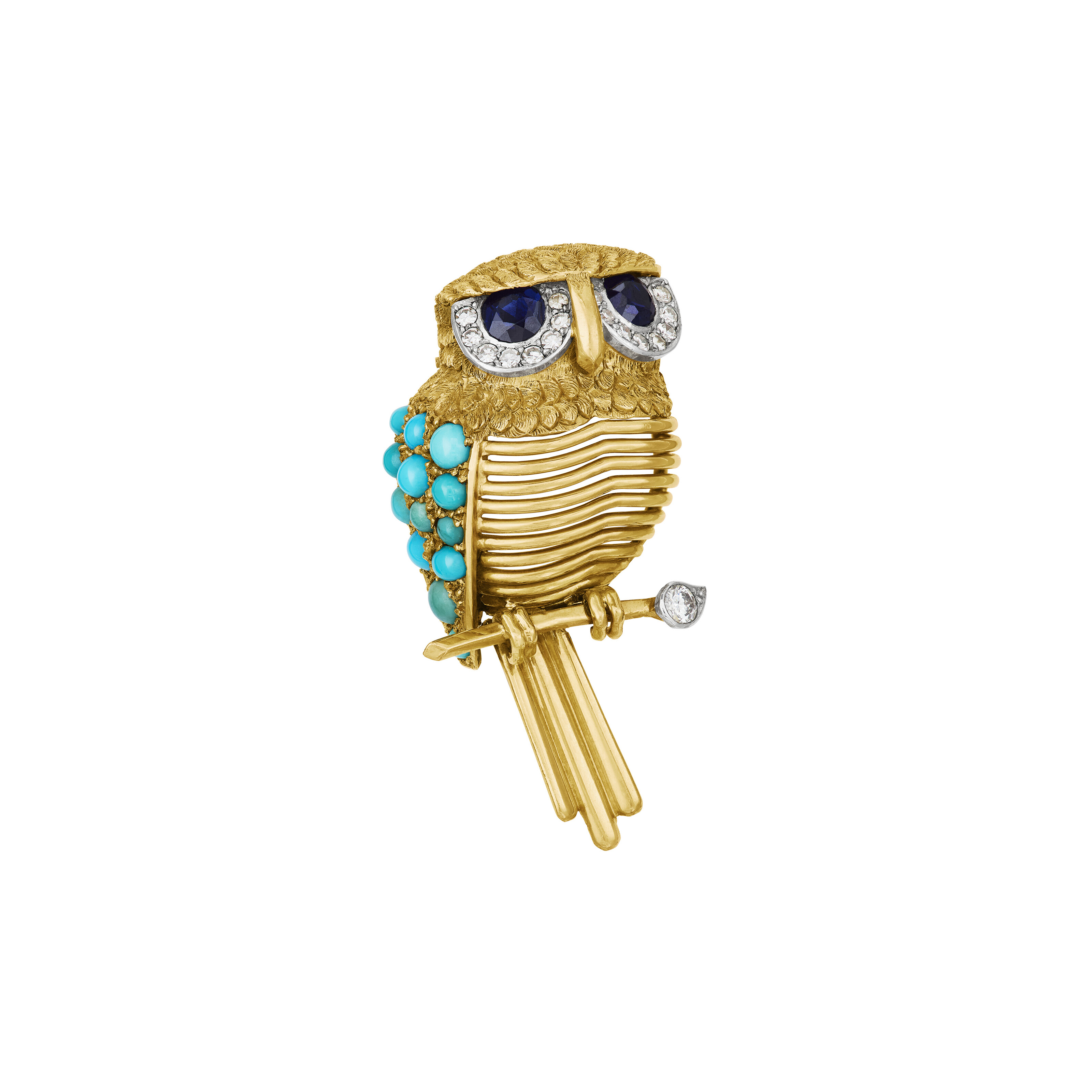 CARTIER SAPPHIRE, TURQUOISE AND DIAMOND OWL BROOCH, | Christie’s