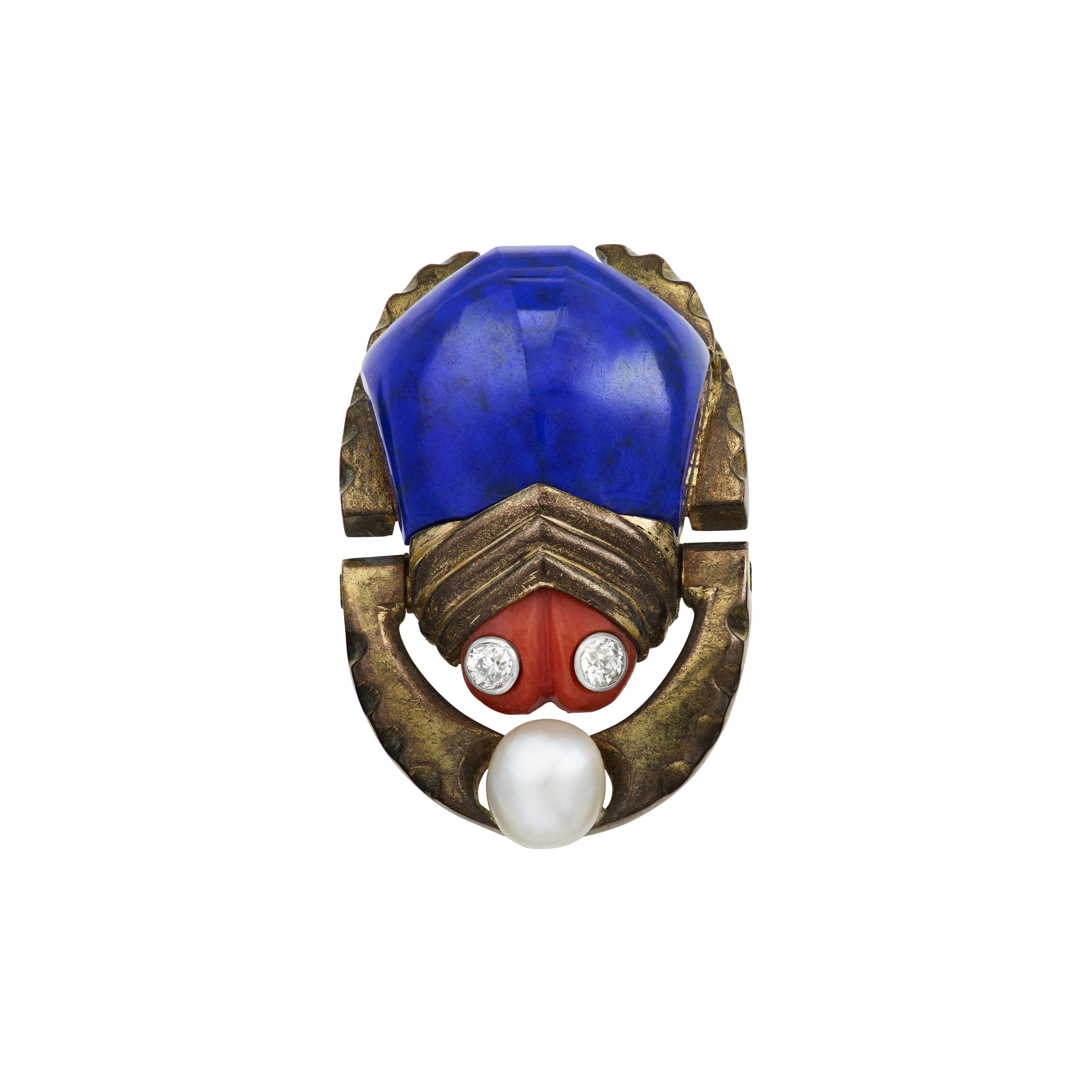 CARTIER LAPIS LAZULI, CORAL, PEARL, DIAMOND SCARAB CLIP-BROOCH ...