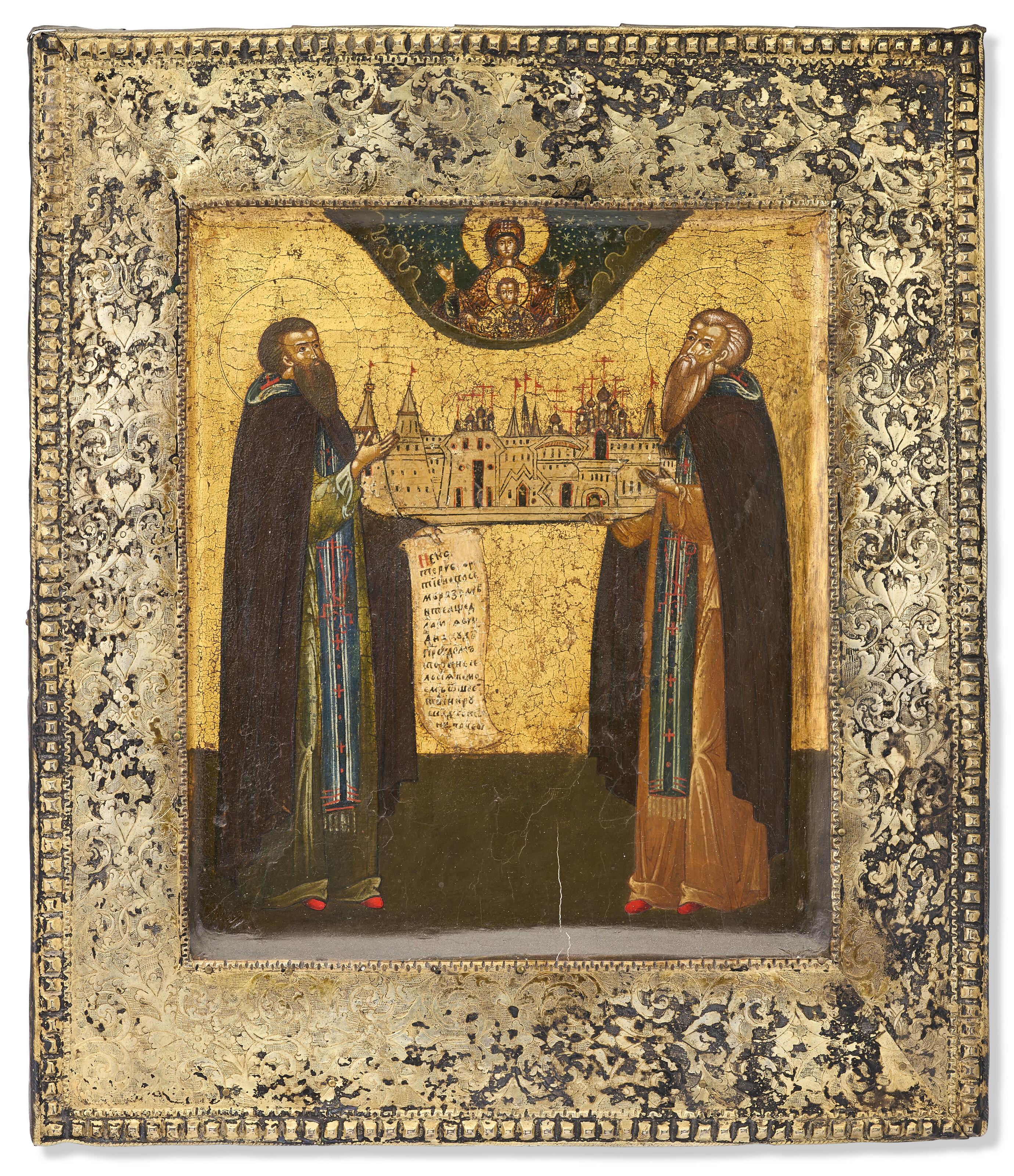 A RUSSIAN SILVER-MOUNTED ICON OF SAINTS ZOSIMA AND SAVATI OF SOLOVKI ...