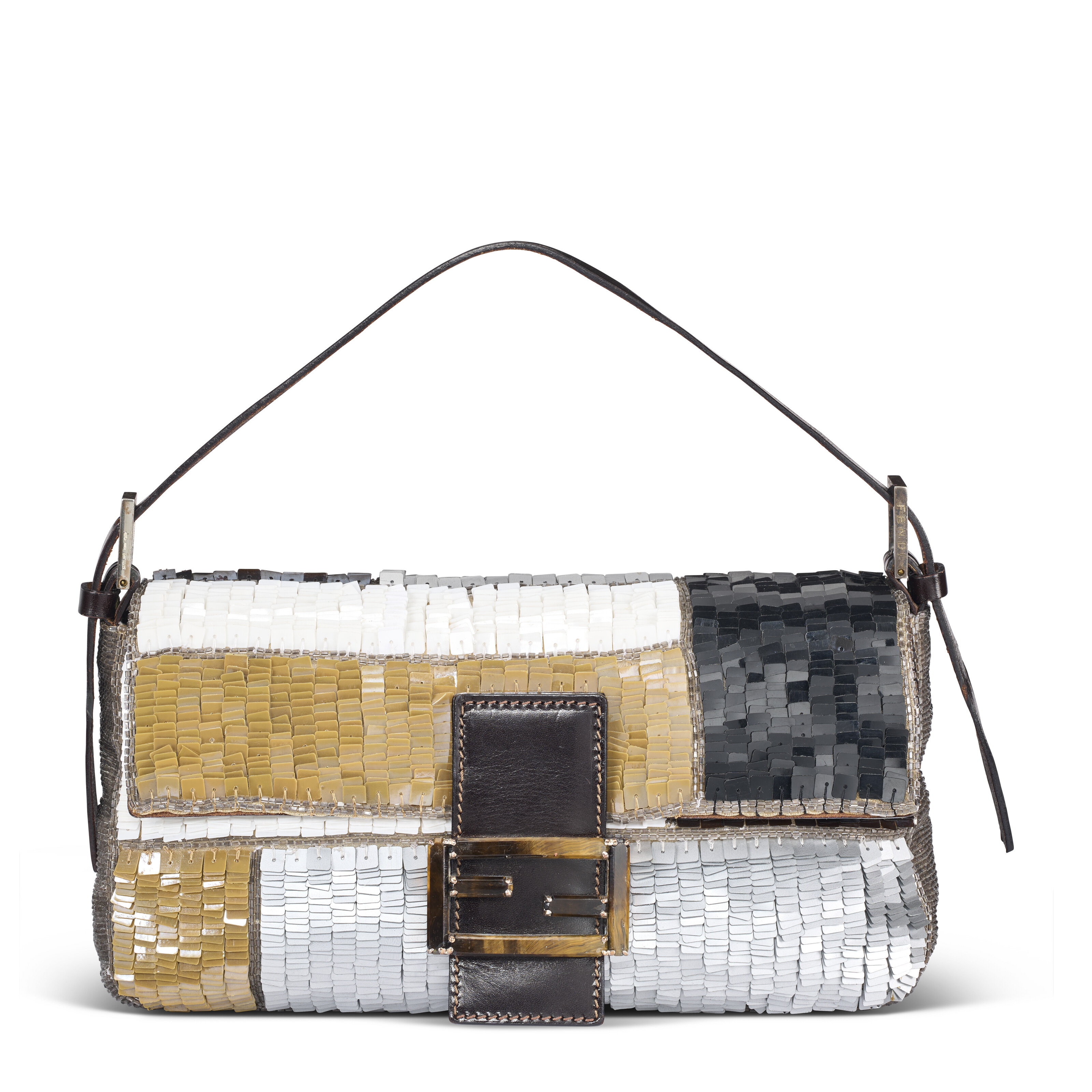 A METALLIC SILVER, BEIGE, BLACK & WHITE PATCHWORK SEQUIN BAGUETTE WITH ...