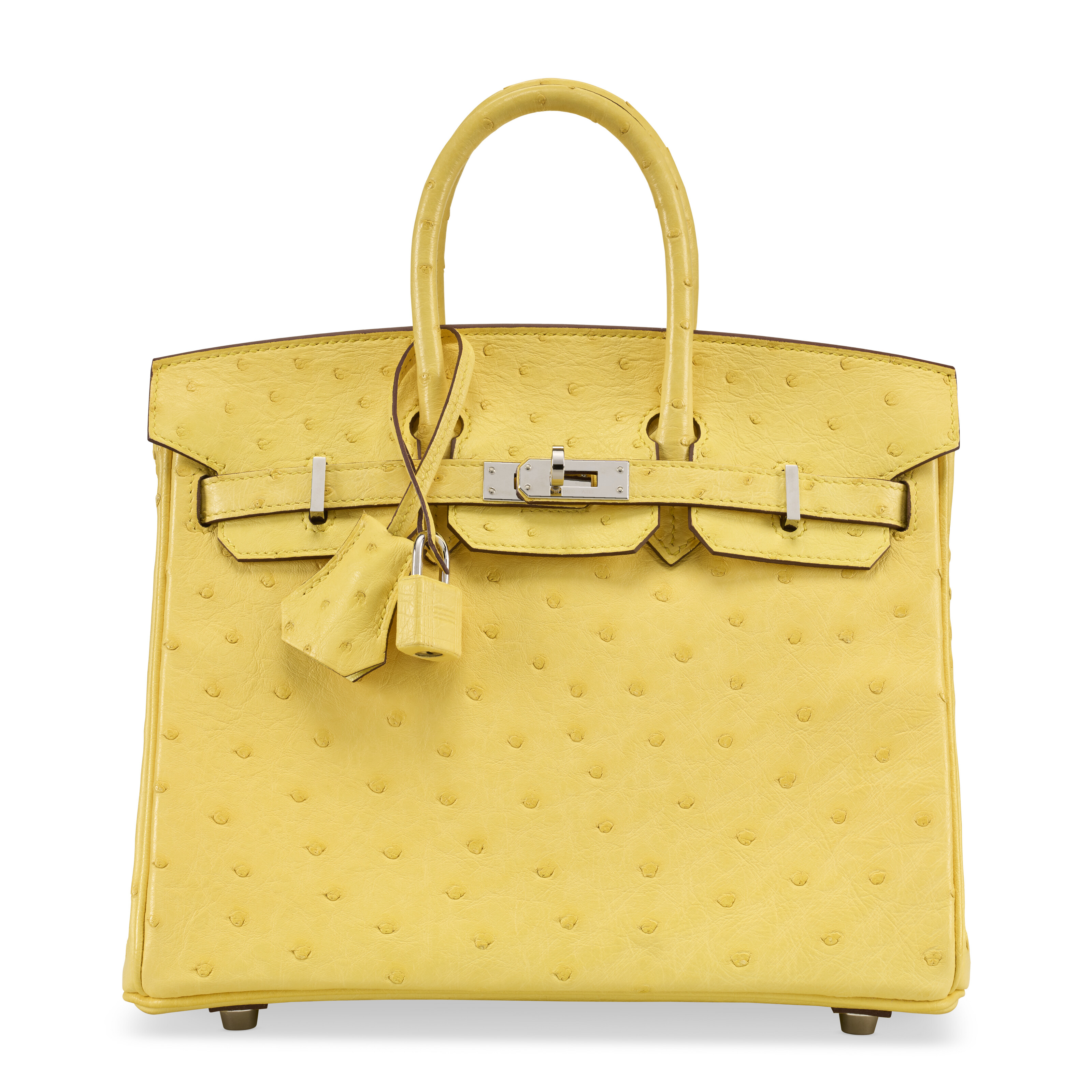 A JAUNE CITRON BOREAL SATINE OSTRICH BIRKIN 25 WITH PALLADIUM HARDWARE ...